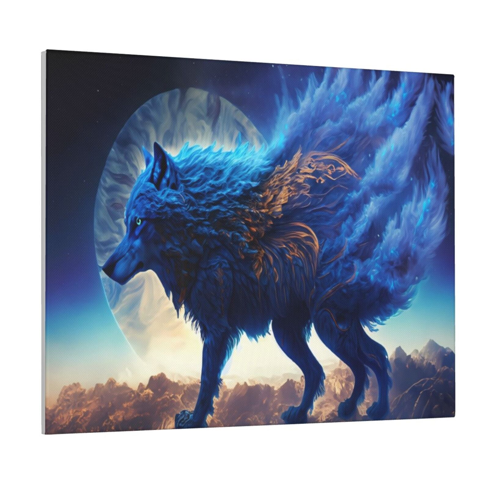 Lsque Moonlit Blue Wolf Print Wall Art – Decorative Picture for Living ...