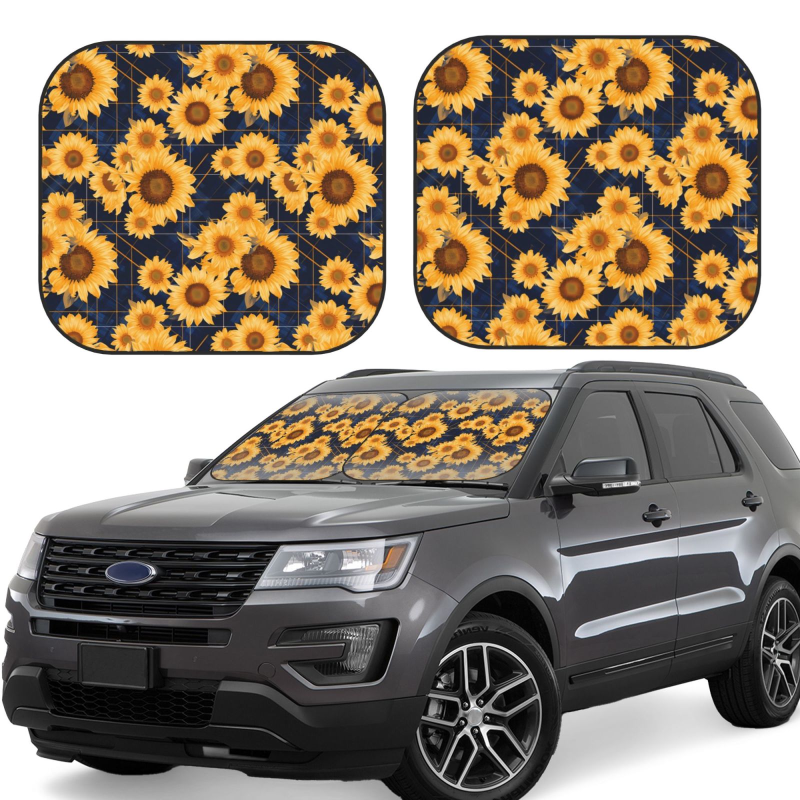 Lsque Navy Blue Plaid Sunflower 2 PCS Windshield Sun Shade ...