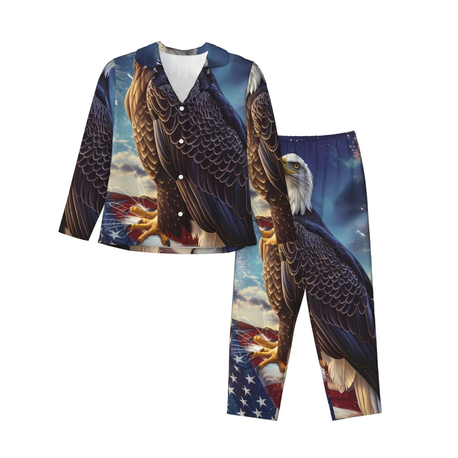 Lsque Night Sky Bald Eagle Pattern Long Sleeve Pajama Set for Women ...