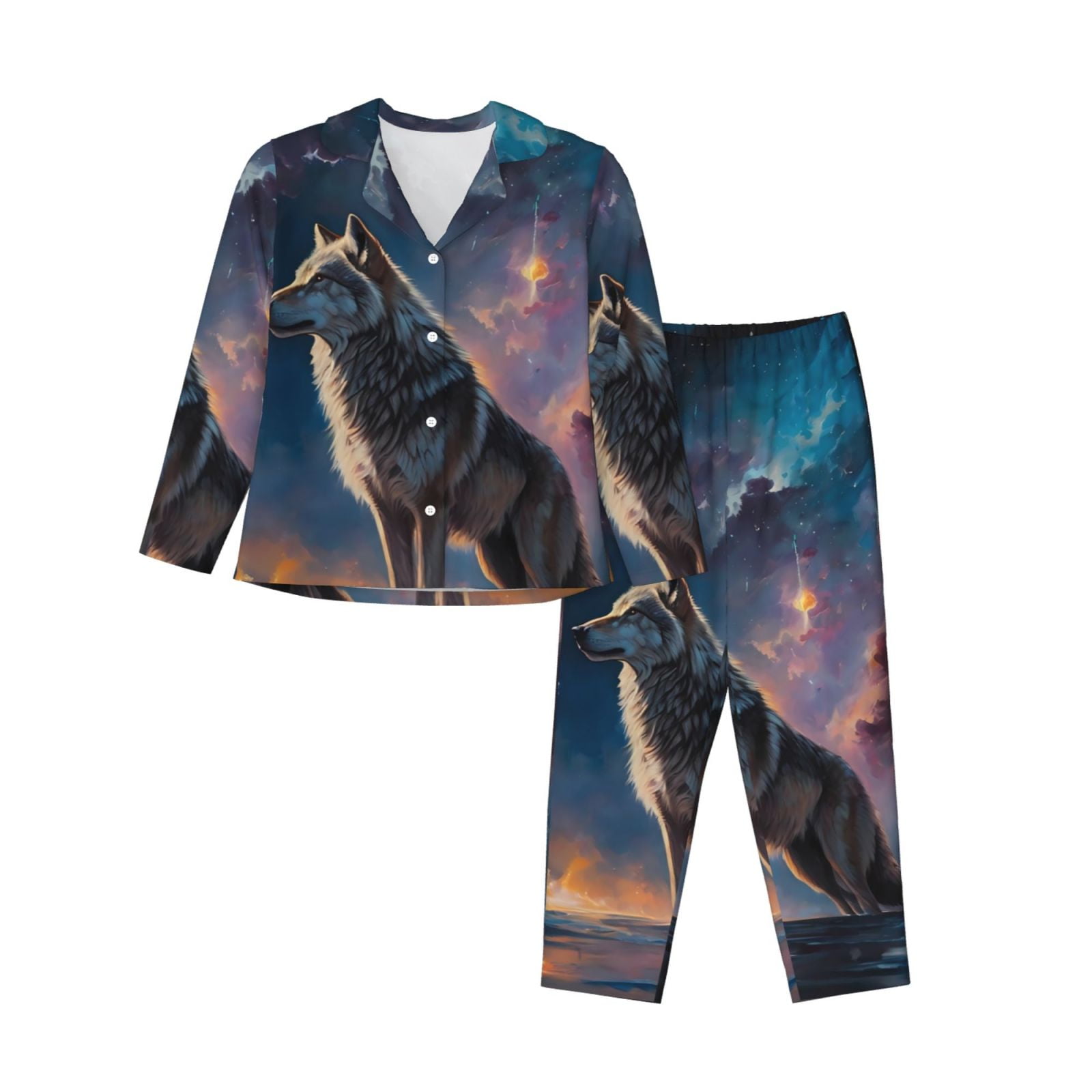 Lsque Night Sky Wolf Pattern Long Sleeve Pajama Set for Women - Soft 2 ...