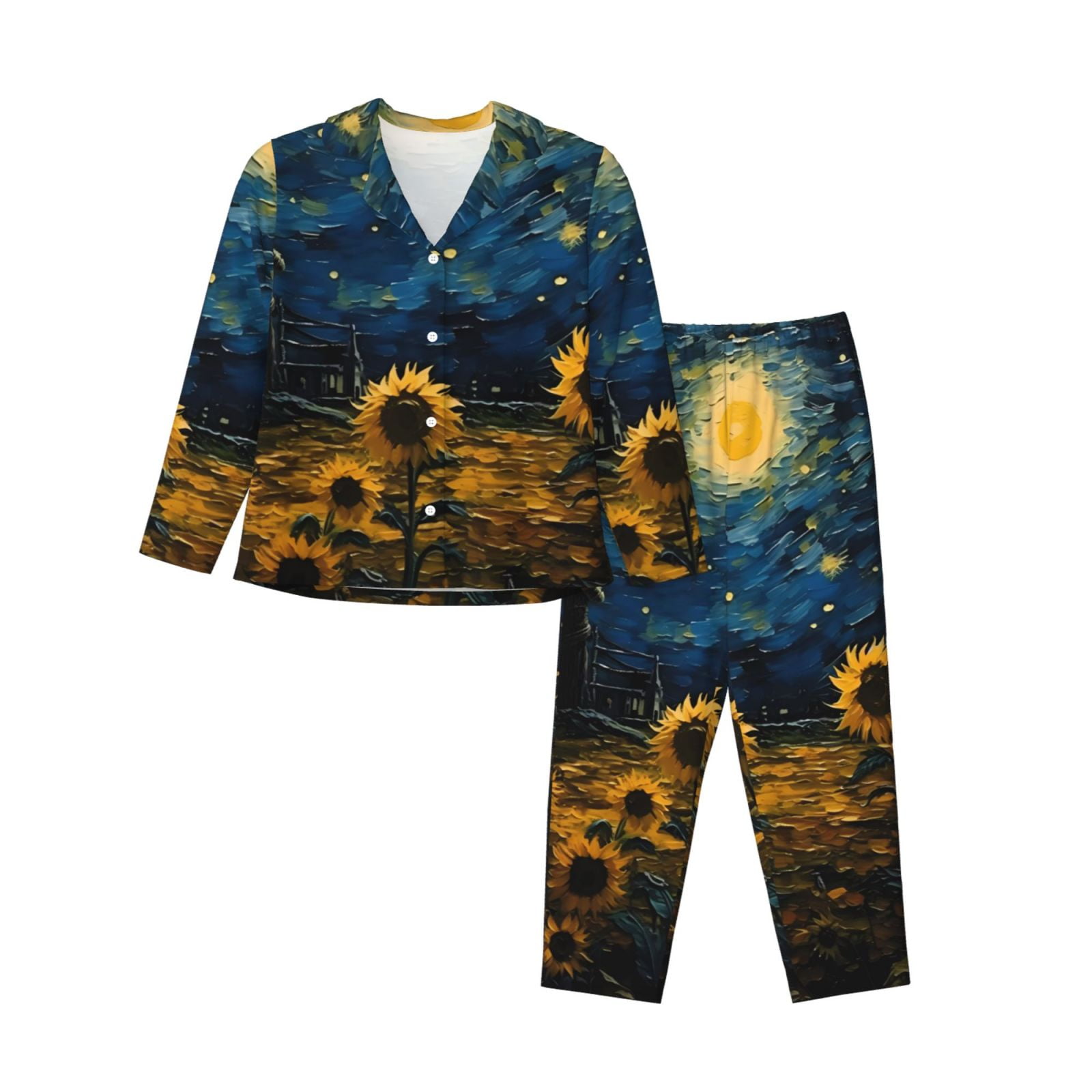 Lsque Oil Starry Sky Sunflower Pattern Long Sleeve Pajama Set for Women ...