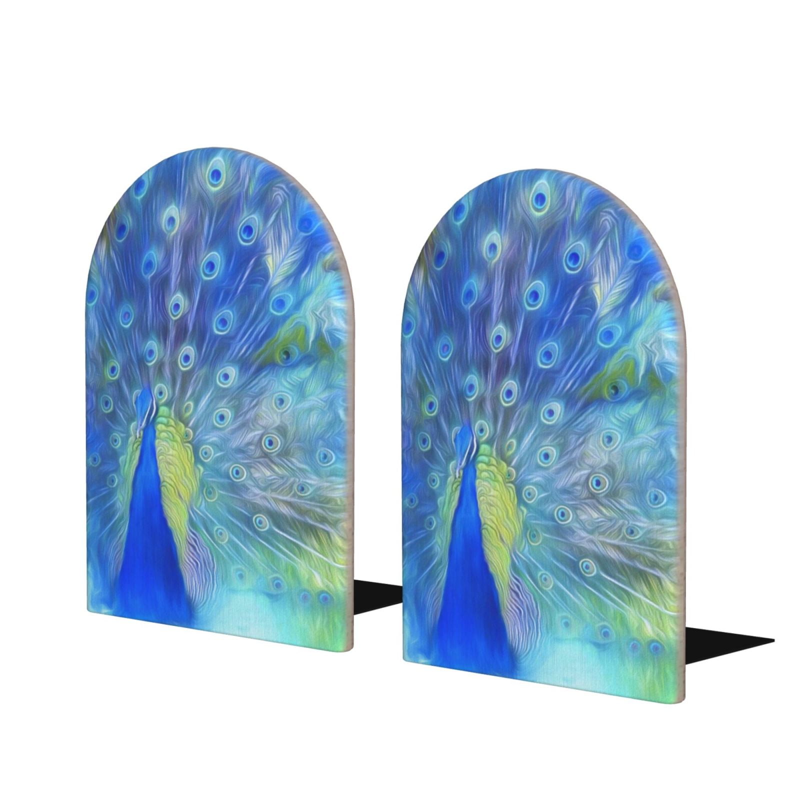 Lsque Peacock Printed Wood Bookends,Non-Skid Bookend for Shelves,Heavy ...