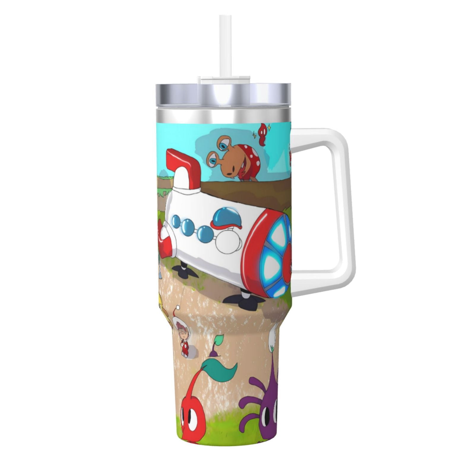 Lsque Pikmin Pattern 40 OZ Ice Bully Cup with Handle and Straw, Double ...