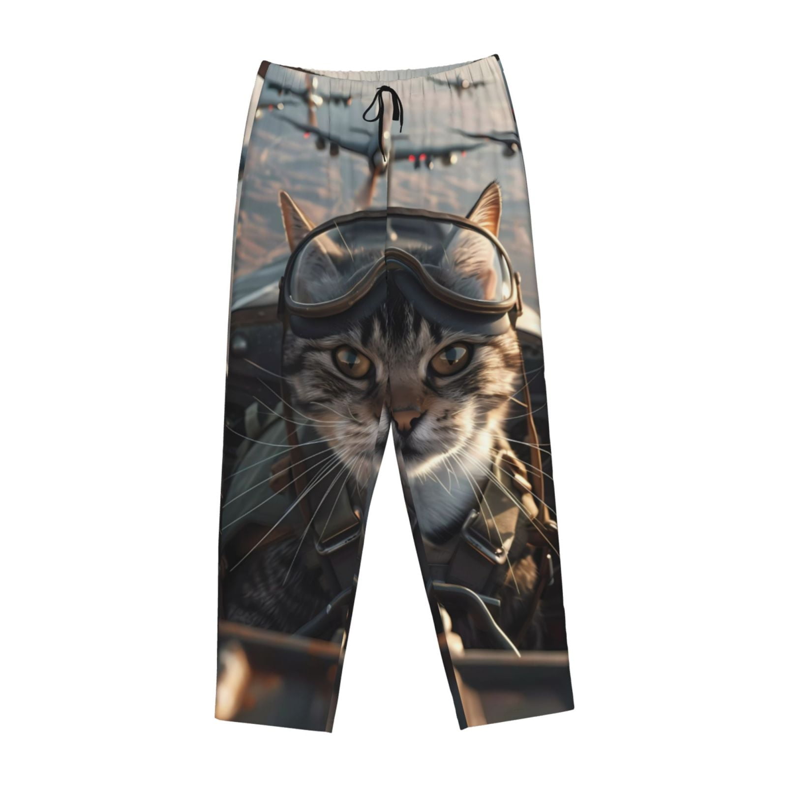 Lsque Pilot Cat In Vintage Plane Print Women's Pajama Pants, Lounge ...