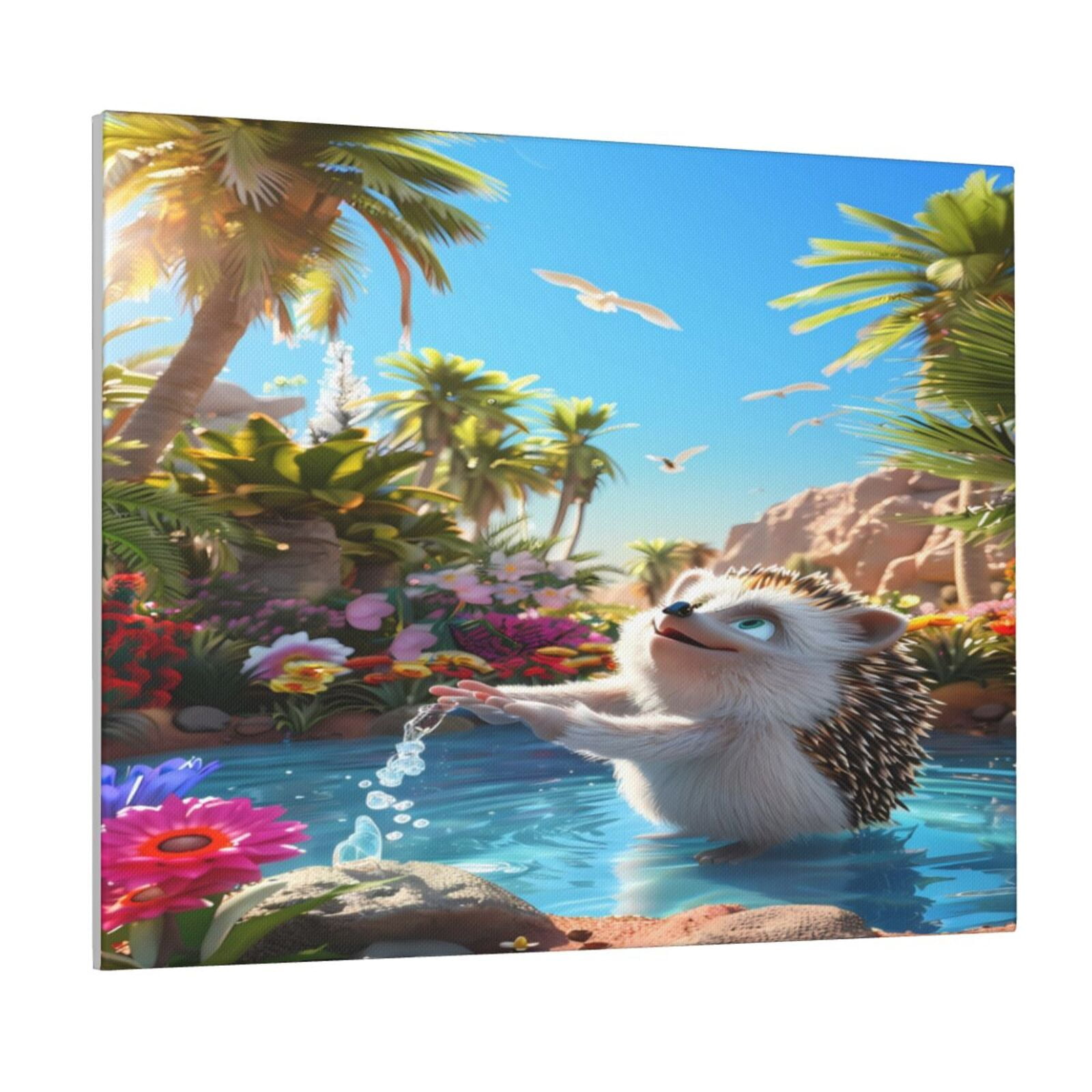 Lsque Playful Hedgehog Forest Pond Print Wall Art – Decorative Picture ...