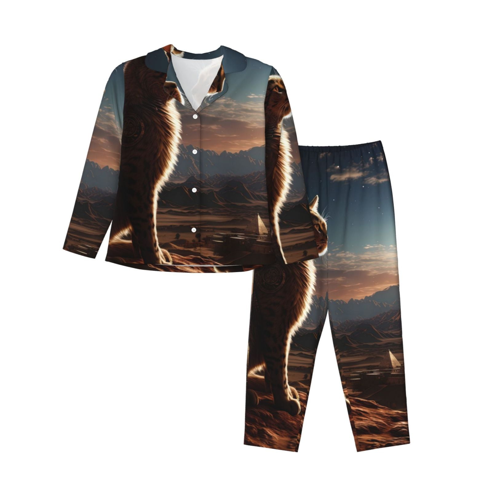 Lsque Pyramid Desert Cat Pattern Long Sleeve Pajama Set for Women ...