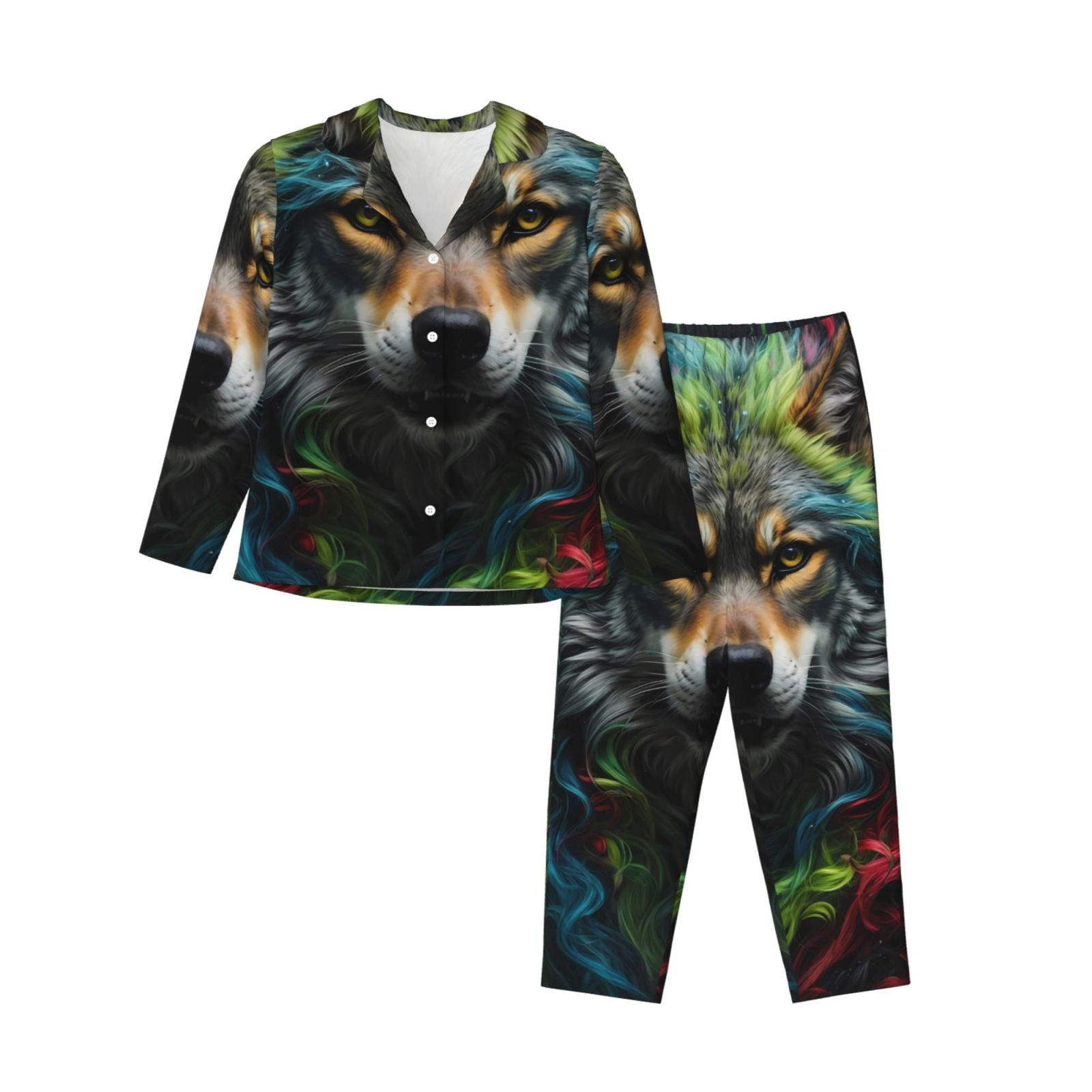 Lsque Realistic Style Colorful Wolf Pattern Long Sleeve Pajama Set for ...