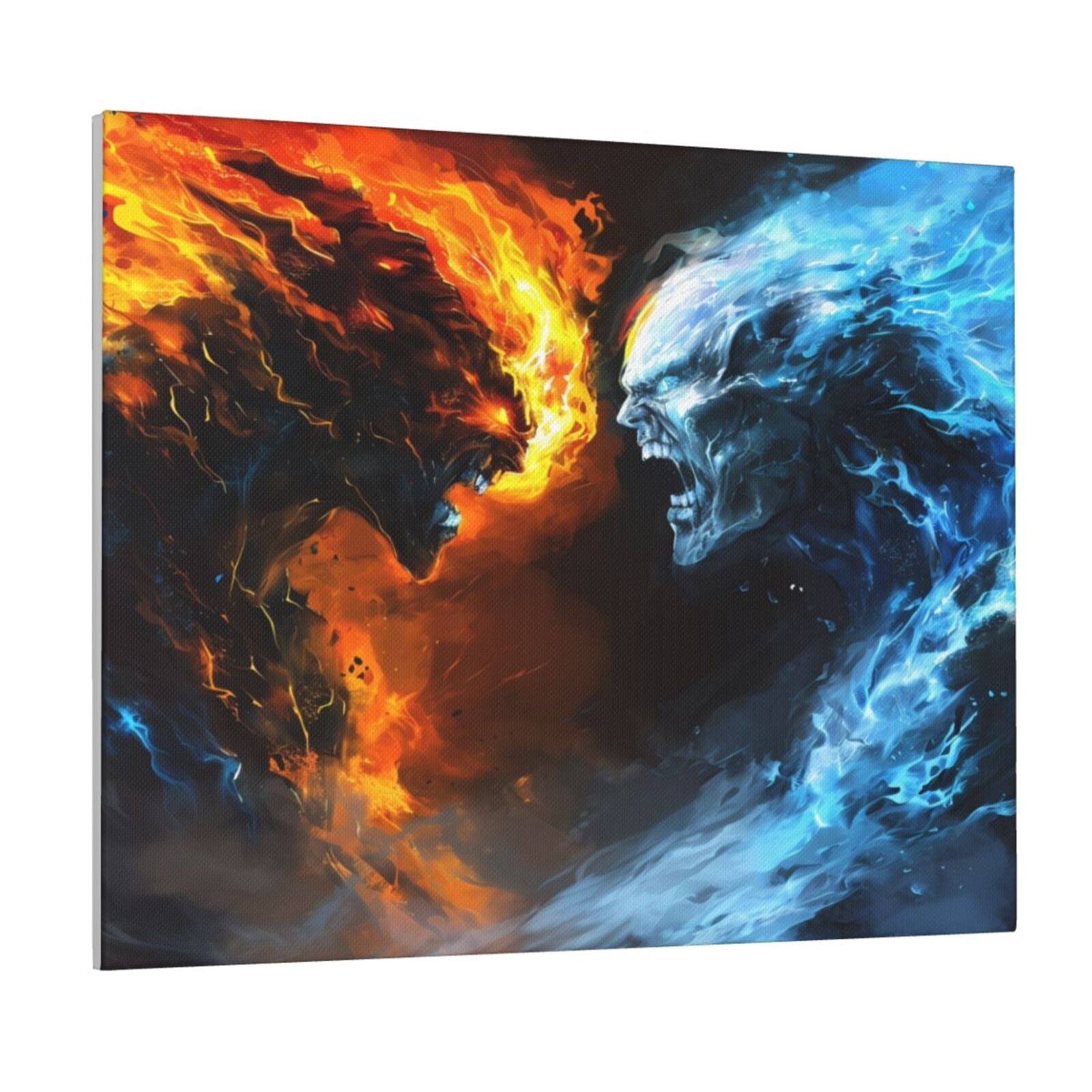 Lsque Red And Blue Fire Skull Warrior Print Wall Art – Decorative ...