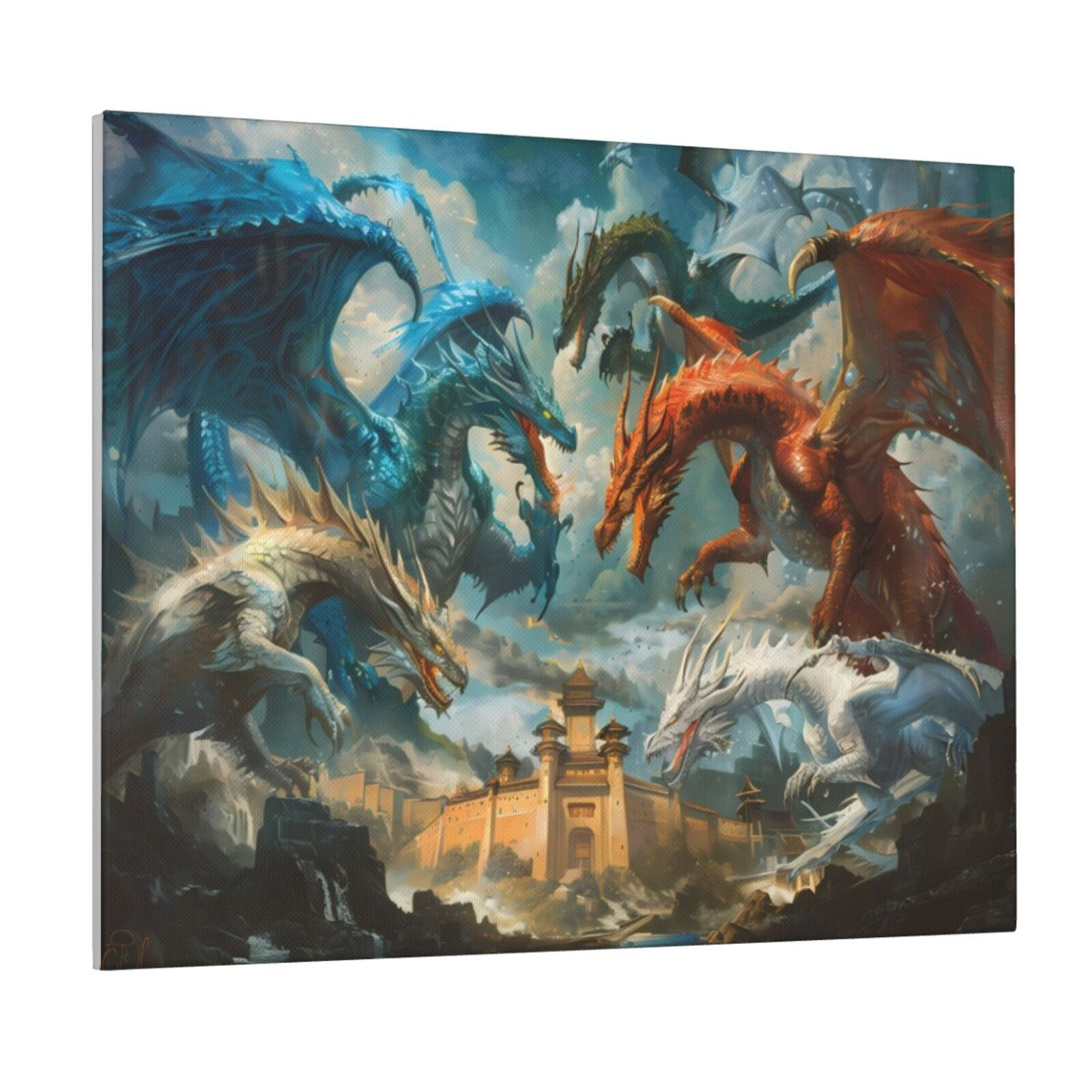 Lsque Red Blue Dragon Battle Epic Print Wall Art – Decorative Picture ...
