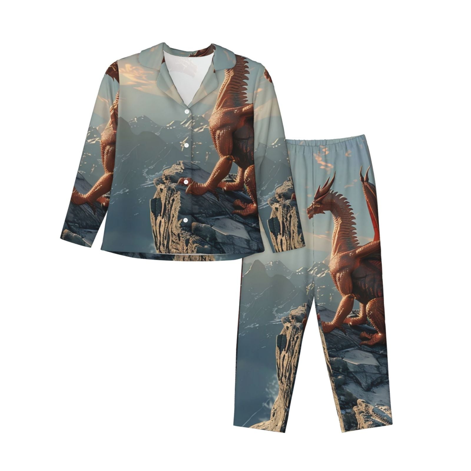 Lsque Red Dragon Mountain Sunrise Pattern Long Sleeve Pajama Set for ...