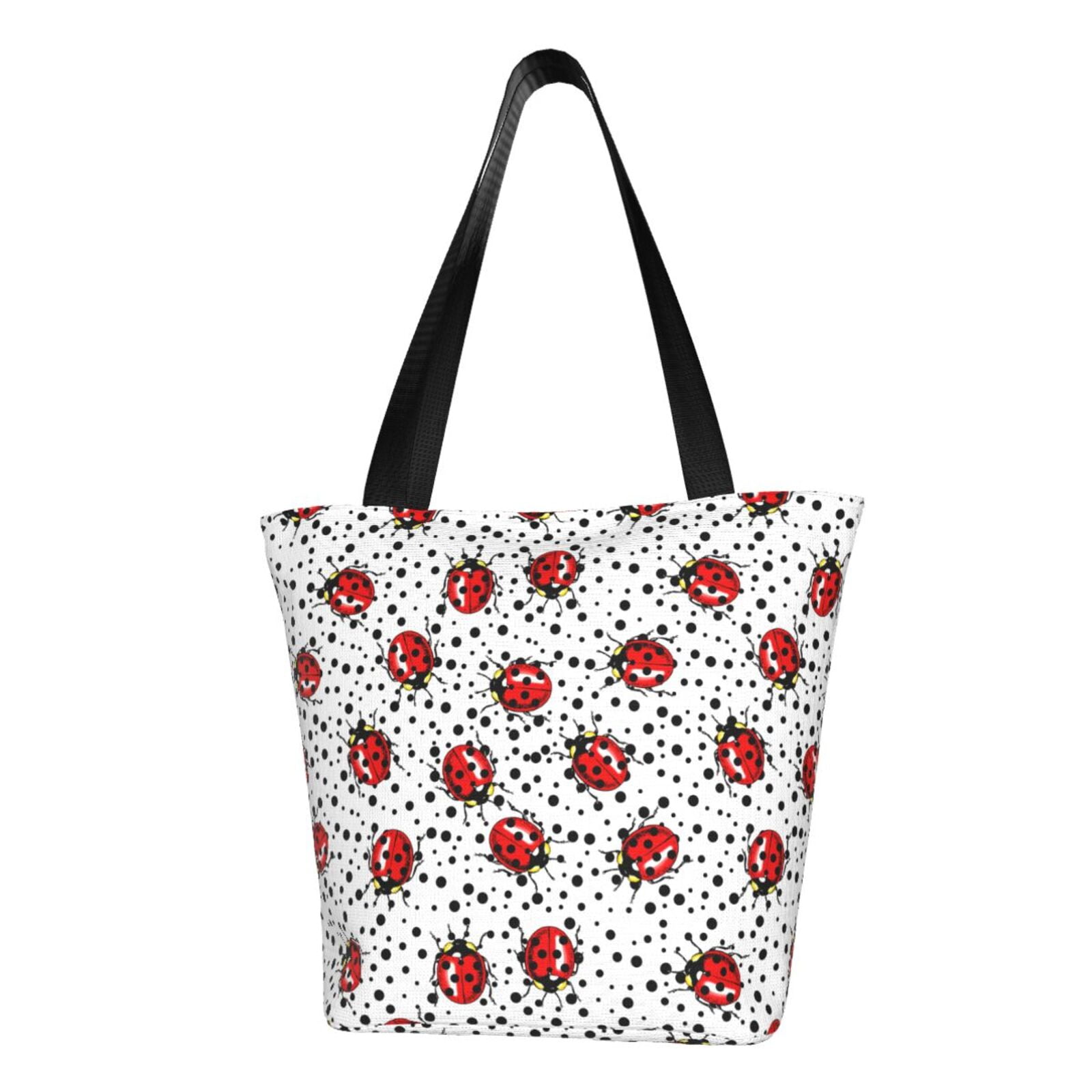 Lsque Red Ladybugs On Black Dotted Pattern Beach Tote,Shoulder Handbag ...