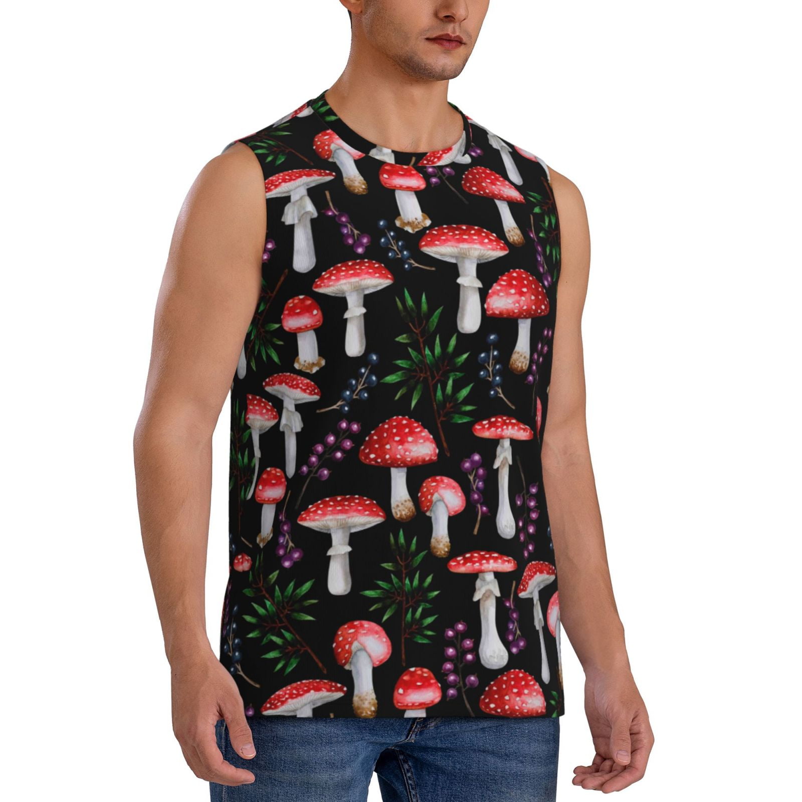 Lsque Red Mushrooms Print Men's Cotton Blend Sleeveless Muscle Shirts ...