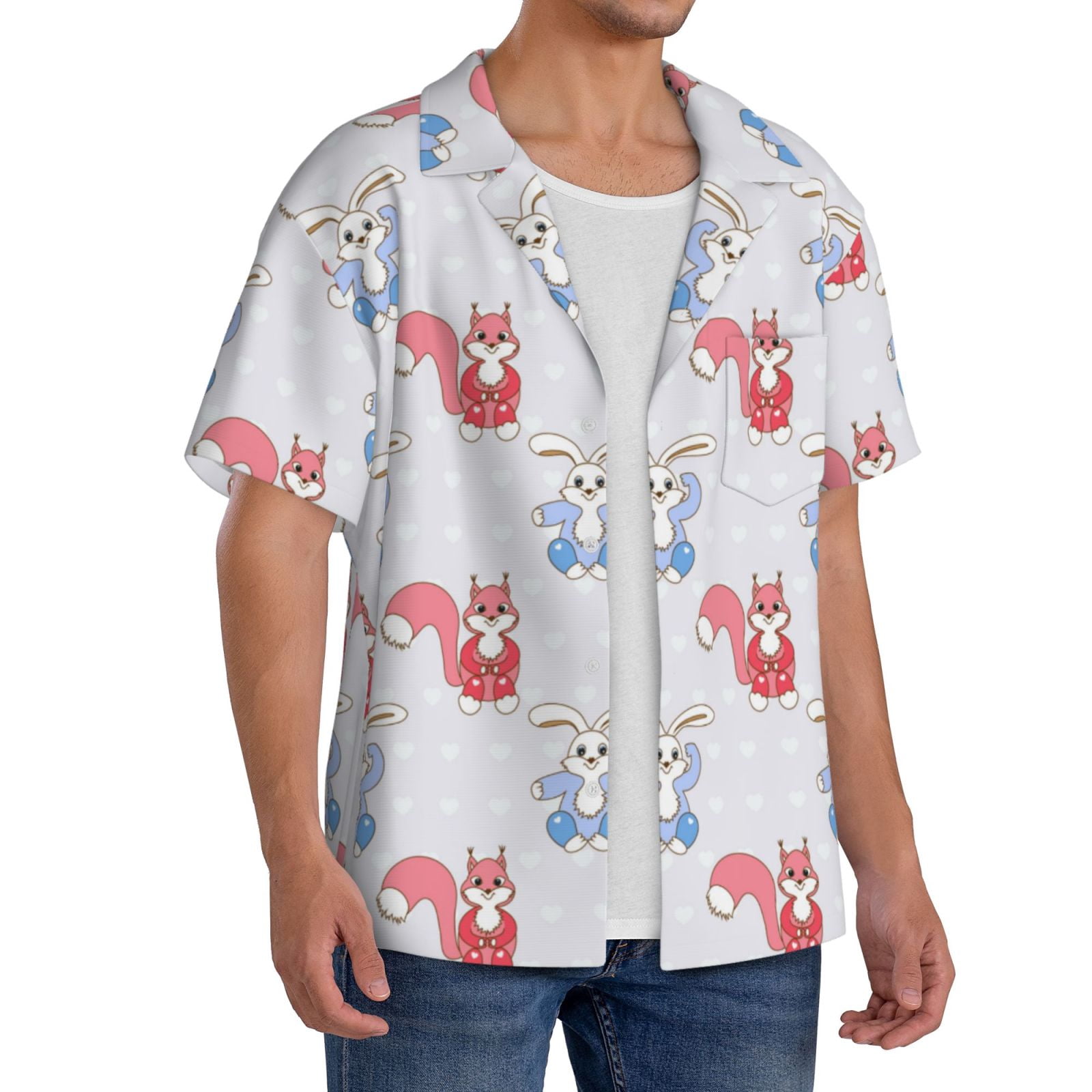 Lsque Red Squirrel And Blue Rabbit print Men's Cuban Collar Short ...