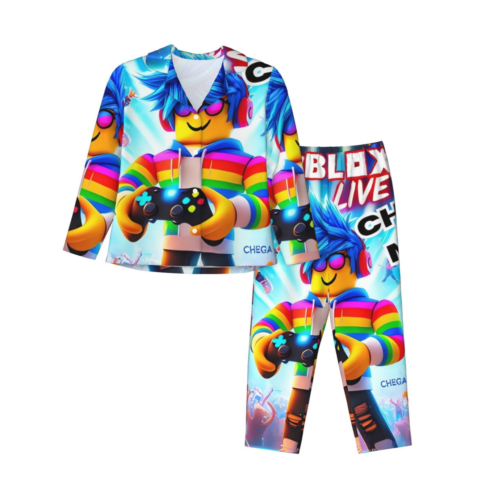 Lsque Roblox Pattern Long Sleeve Pajama Set for Women - Soft 2-Piece ...