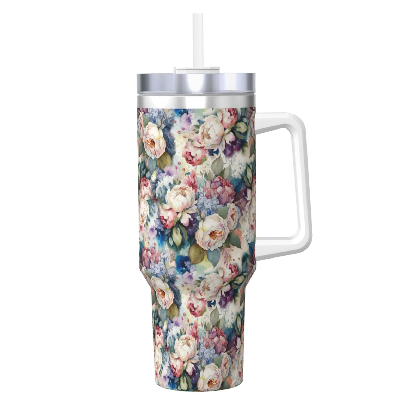 Lsque Rose Flowers Pattern 40 OZ Ice Bully Cup with Handle and Straw ...