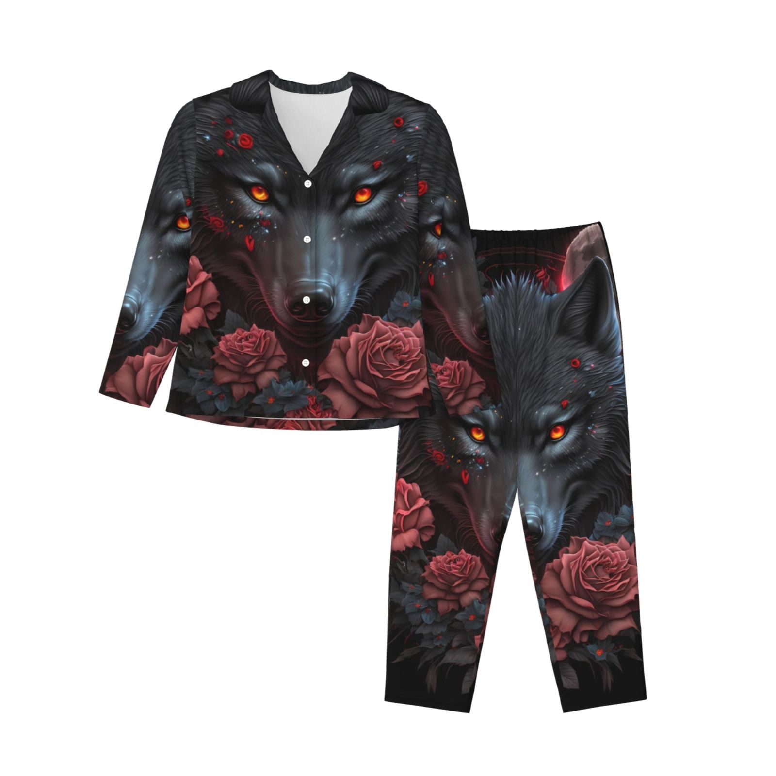 Lsque Rose Full Moon Black Wolf Pattern Long Sleeve Pajama Set for ...