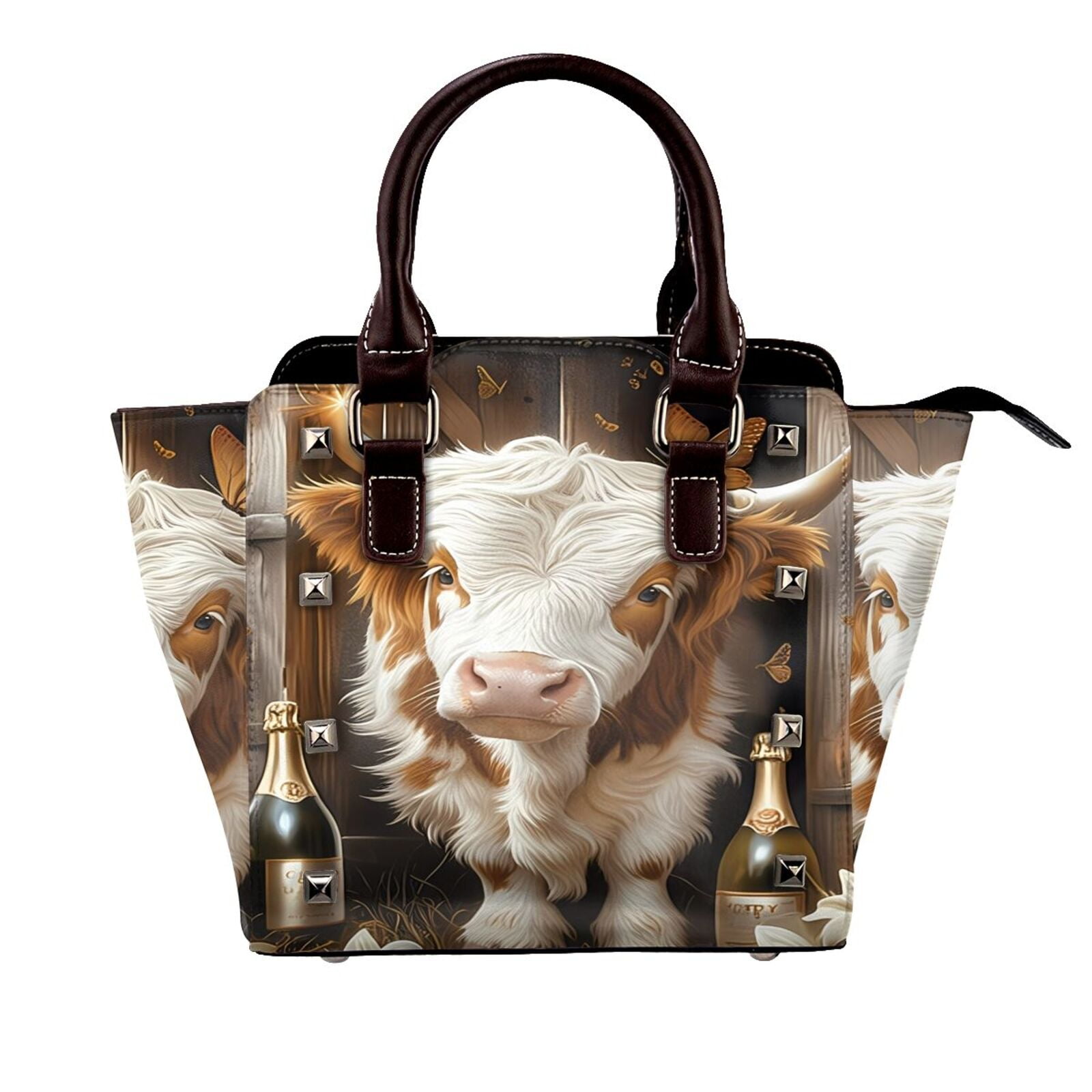 Lsque Rustic Cow Butterflies Champagne Pattern Leather Rivet Shoulder ...