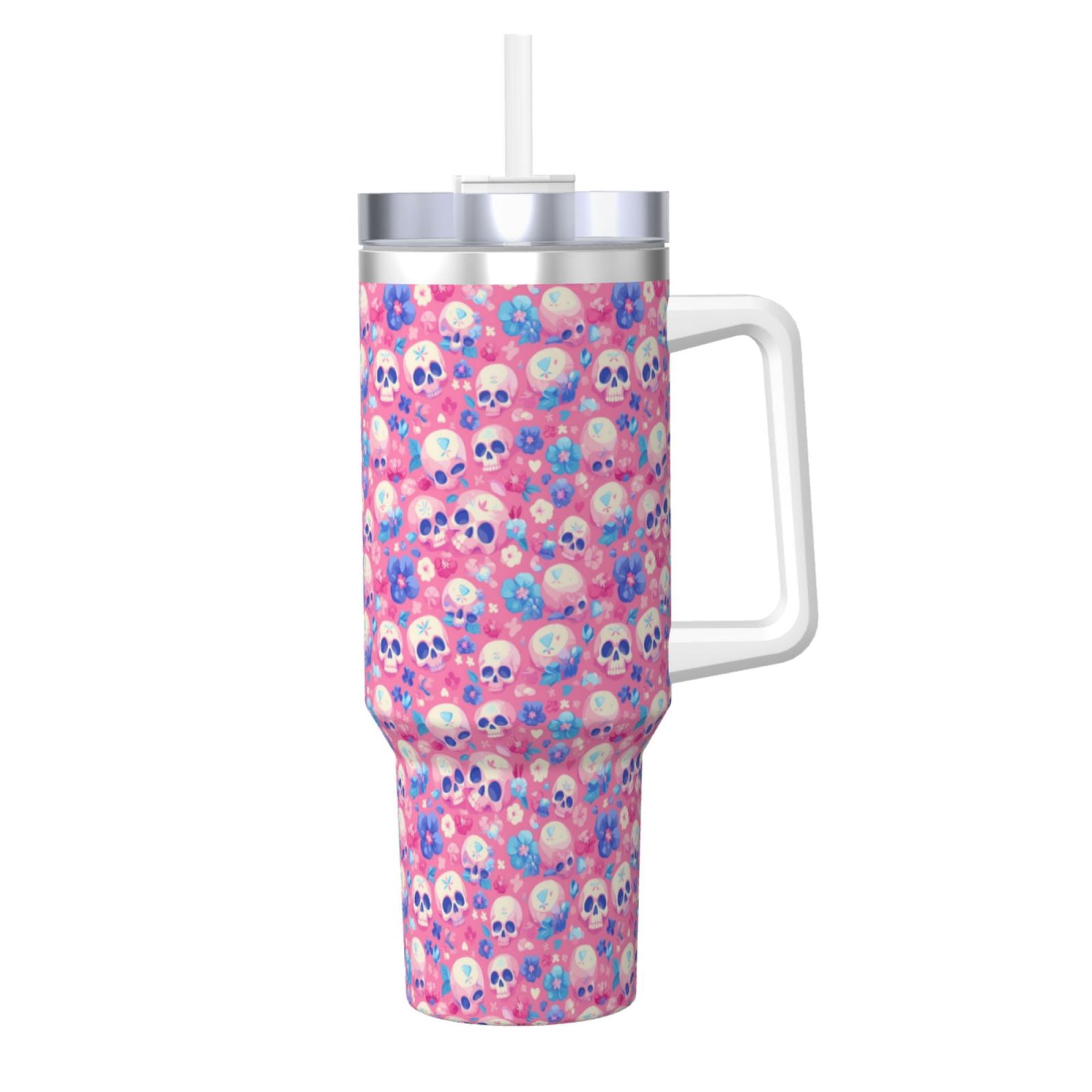 Lsque Skull Blue Flower Pattern 40 OZ Ice Bully Cup with Handle and ...