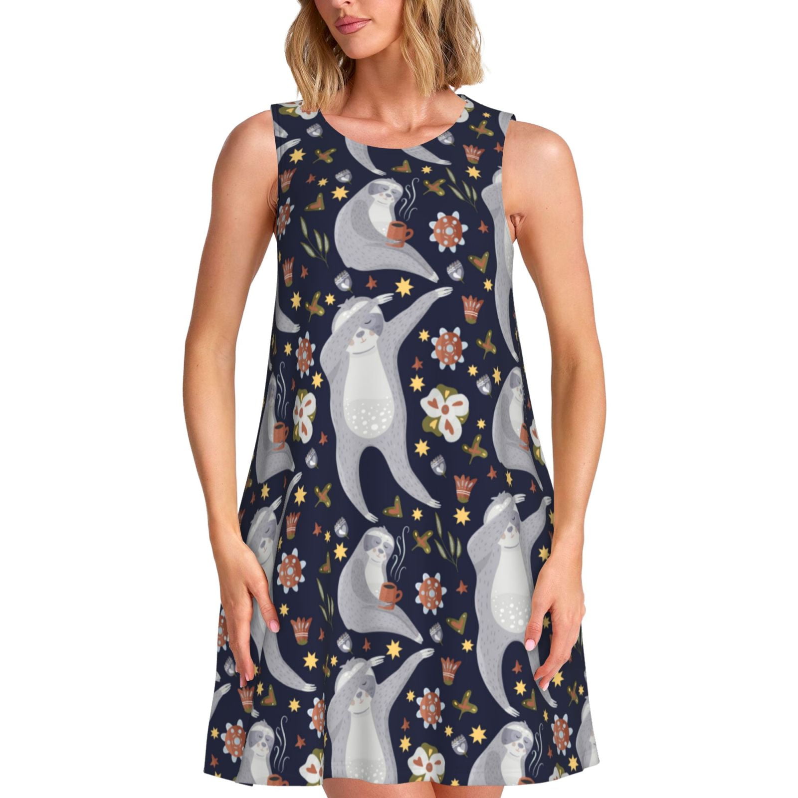 Lsque Sloths Dancing Pattern Summer Dresses for Women – Sleeveless T ...