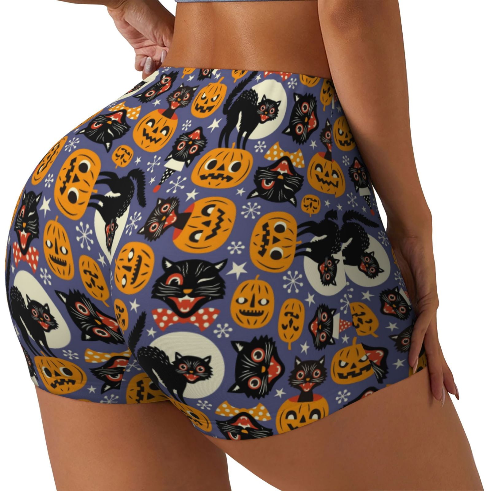 Lsque Spooky Cats And Halloween Pumpkins Pattern High Waisted Biker Shorts For Women Tummy