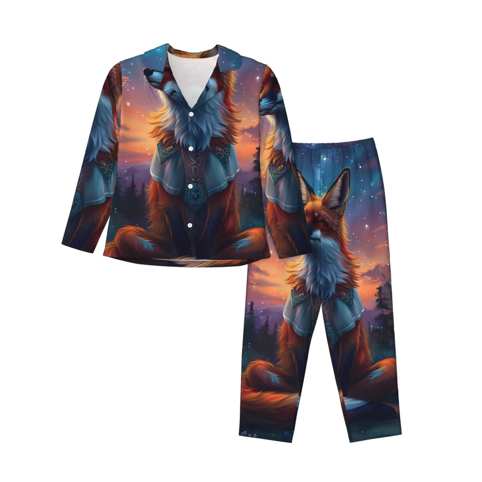 Lsque Starry Sky Meditating Fox Pattern Long Sleeve Pajama Set for ...