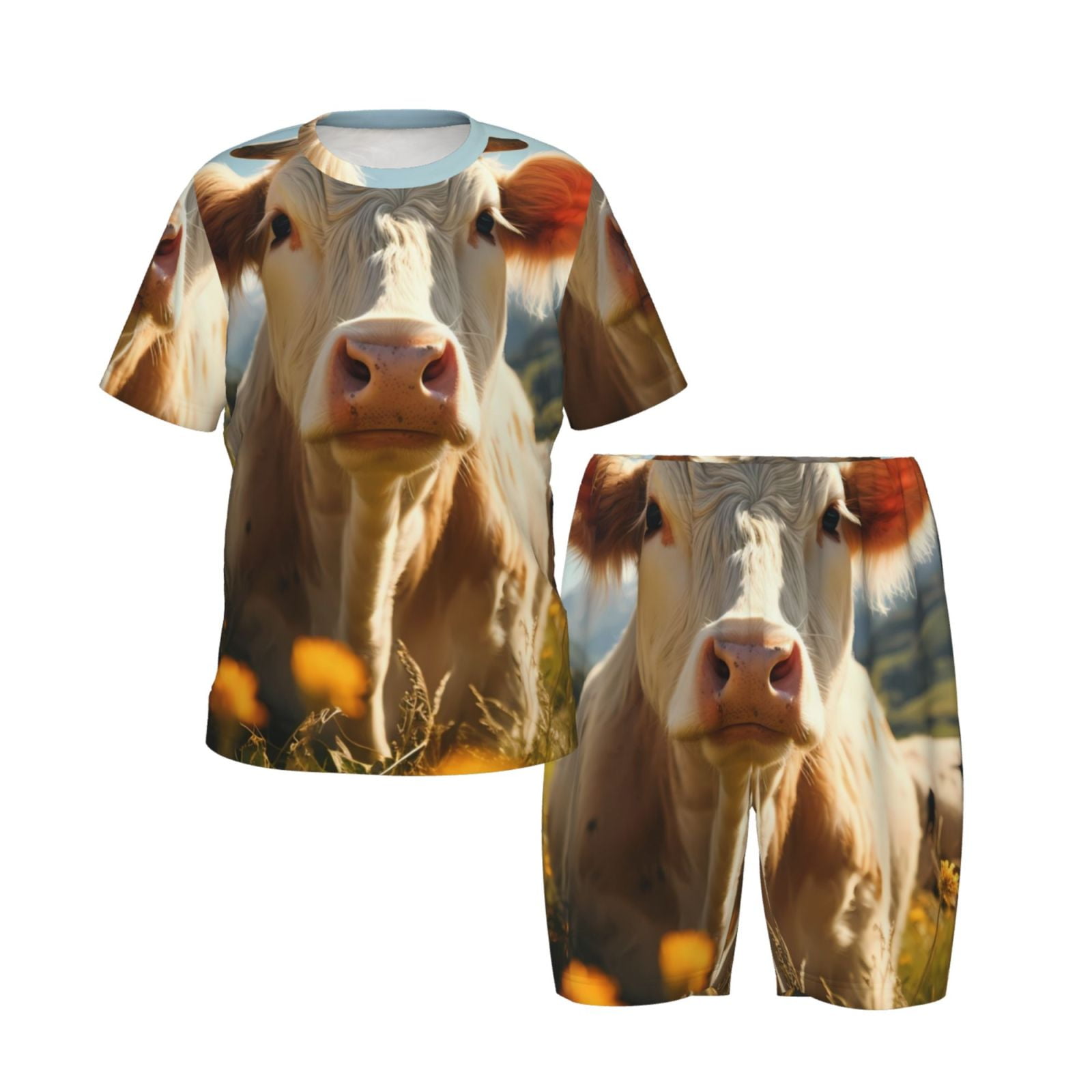 Lsque Sunflower Cow Pasture Pattern Girls' Sleeve Top and Shorts Snug Fit Cotton 2 Piece ...