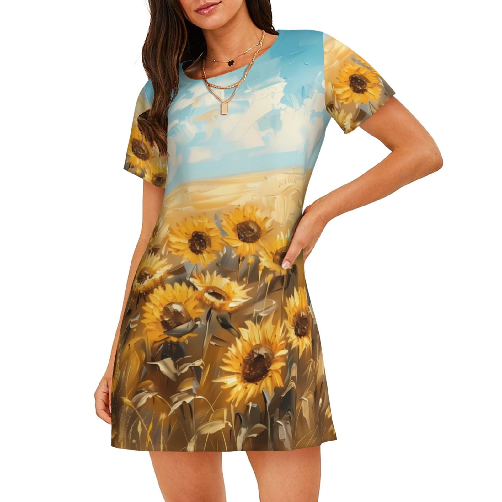 Lsque Sunflower Field Bliss Pattern Nightgowns for Women Sleep Shirts ...