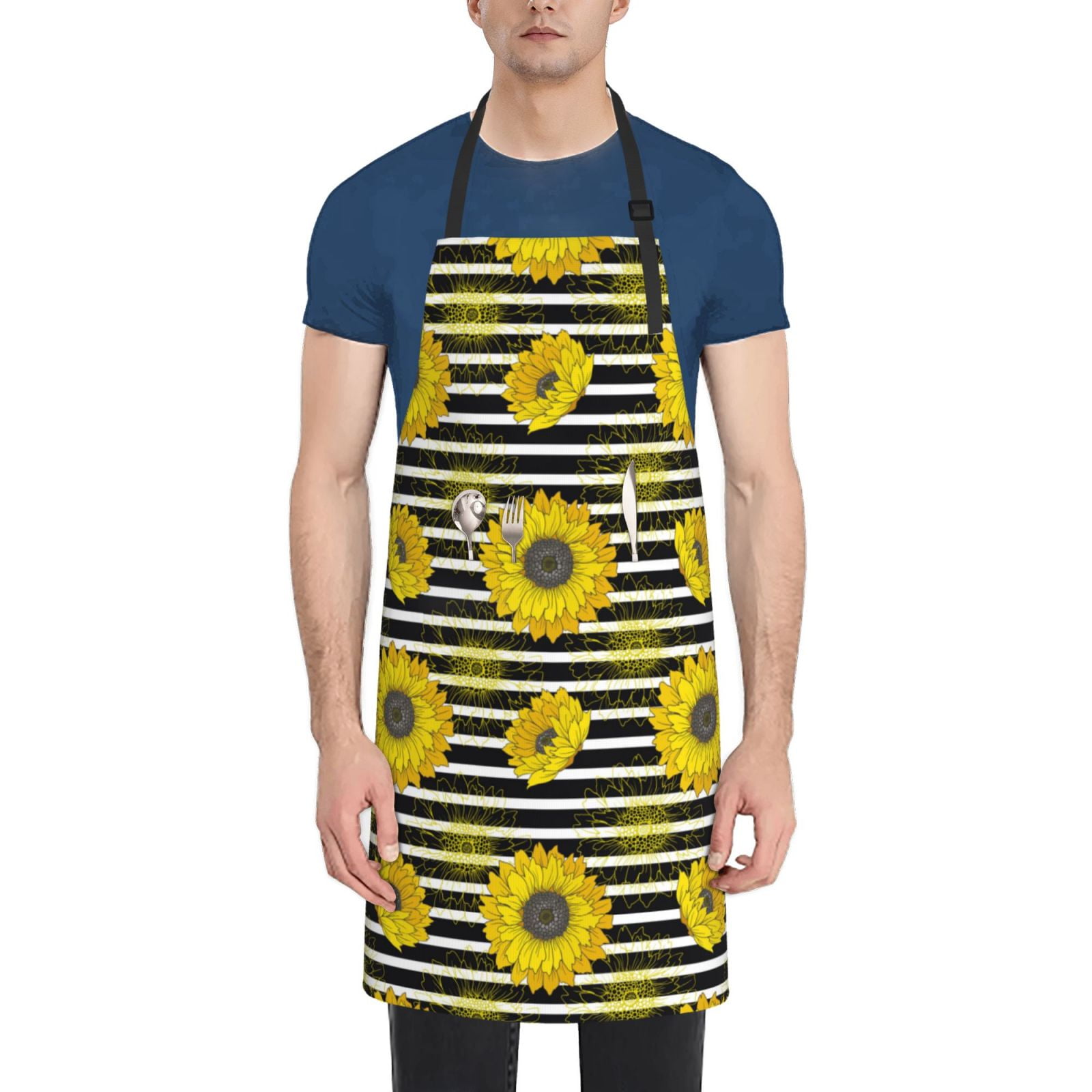 Lsque Sunflowers On Black And White Stripes Waterproof Apron Chef ...
