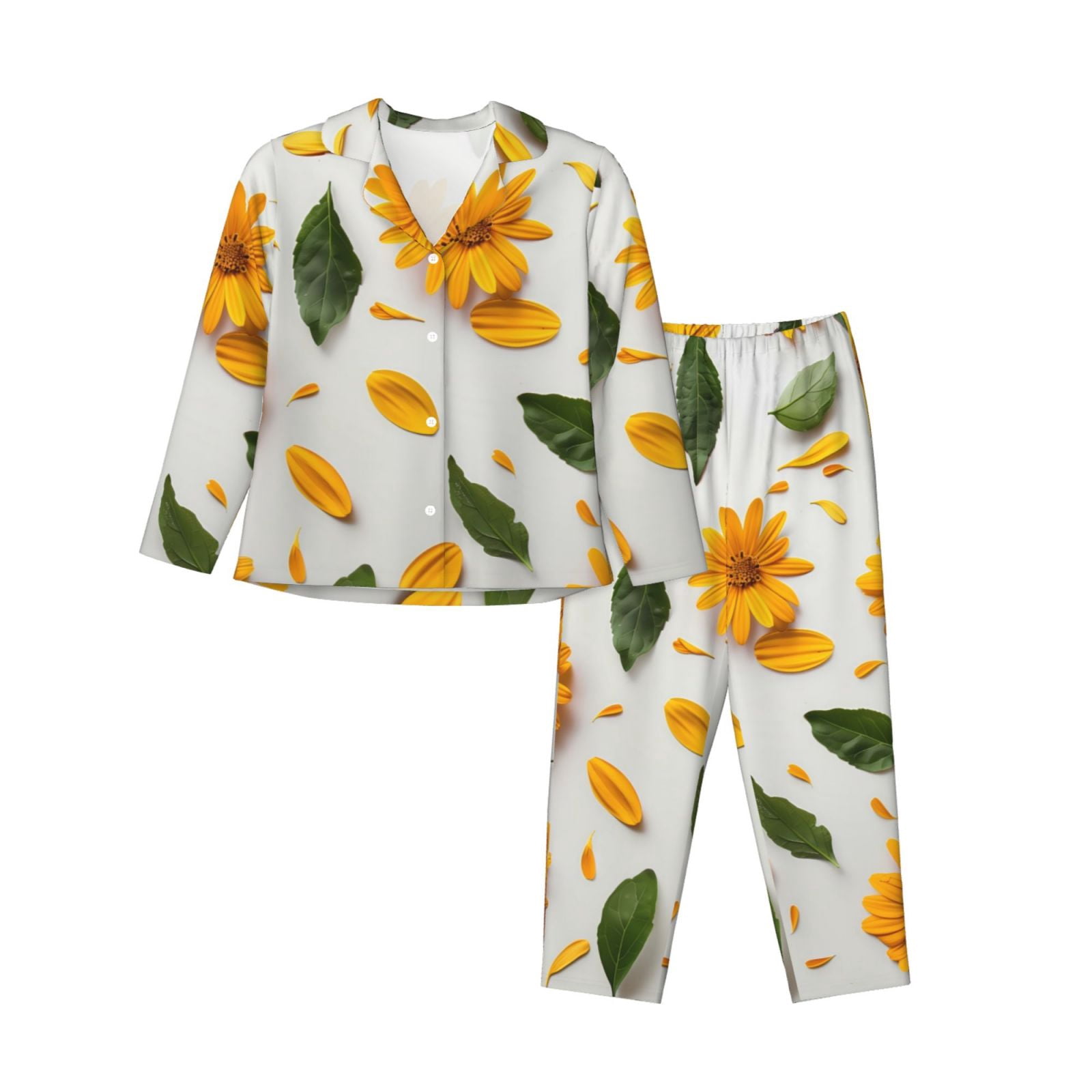 Lsque Sunny Yellow SunFlower Pattern Long Sleeve Pajama Set for Women ...