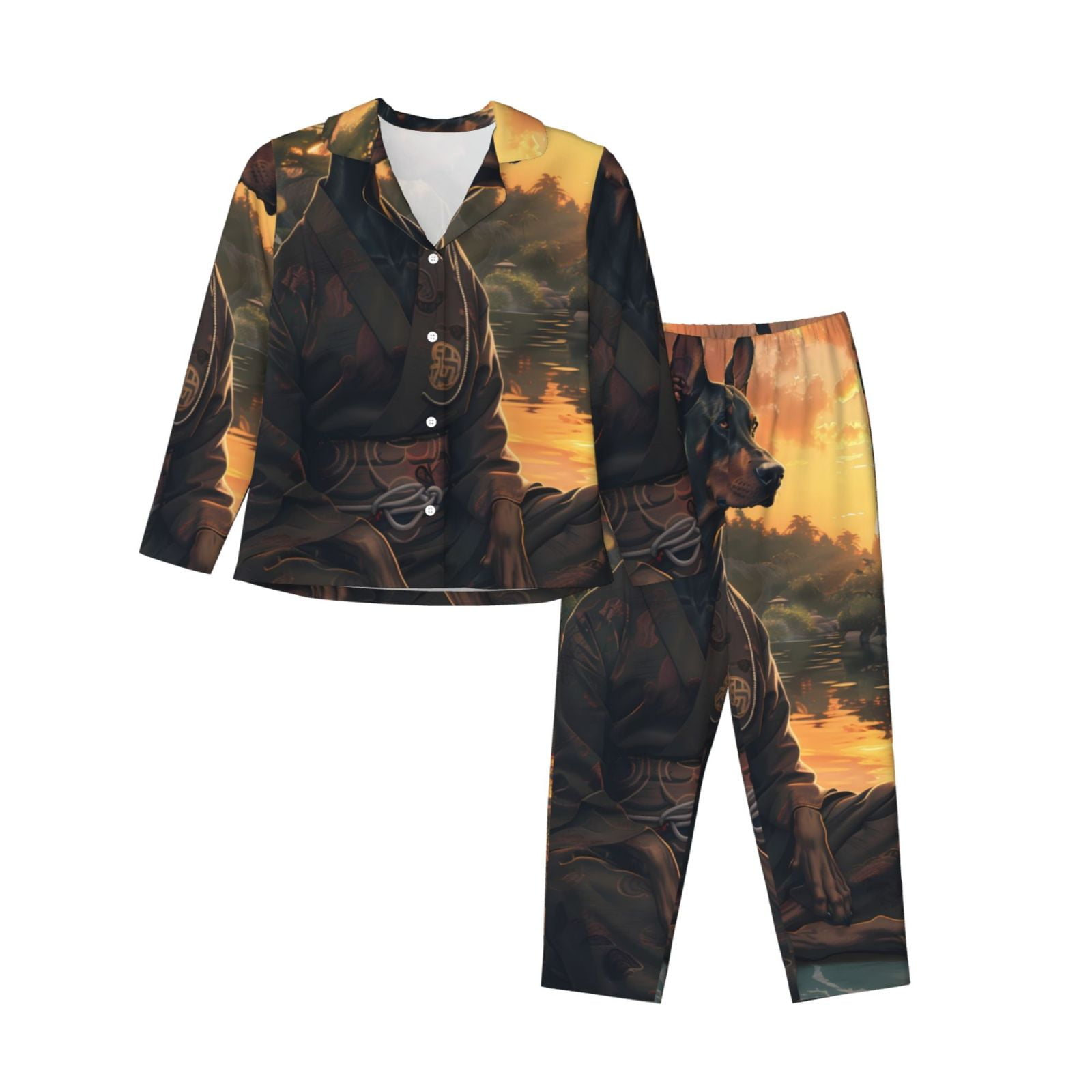 Lsque Sunset Meditating Doberman Pattern Long Sleeve Pajama Set for ...
