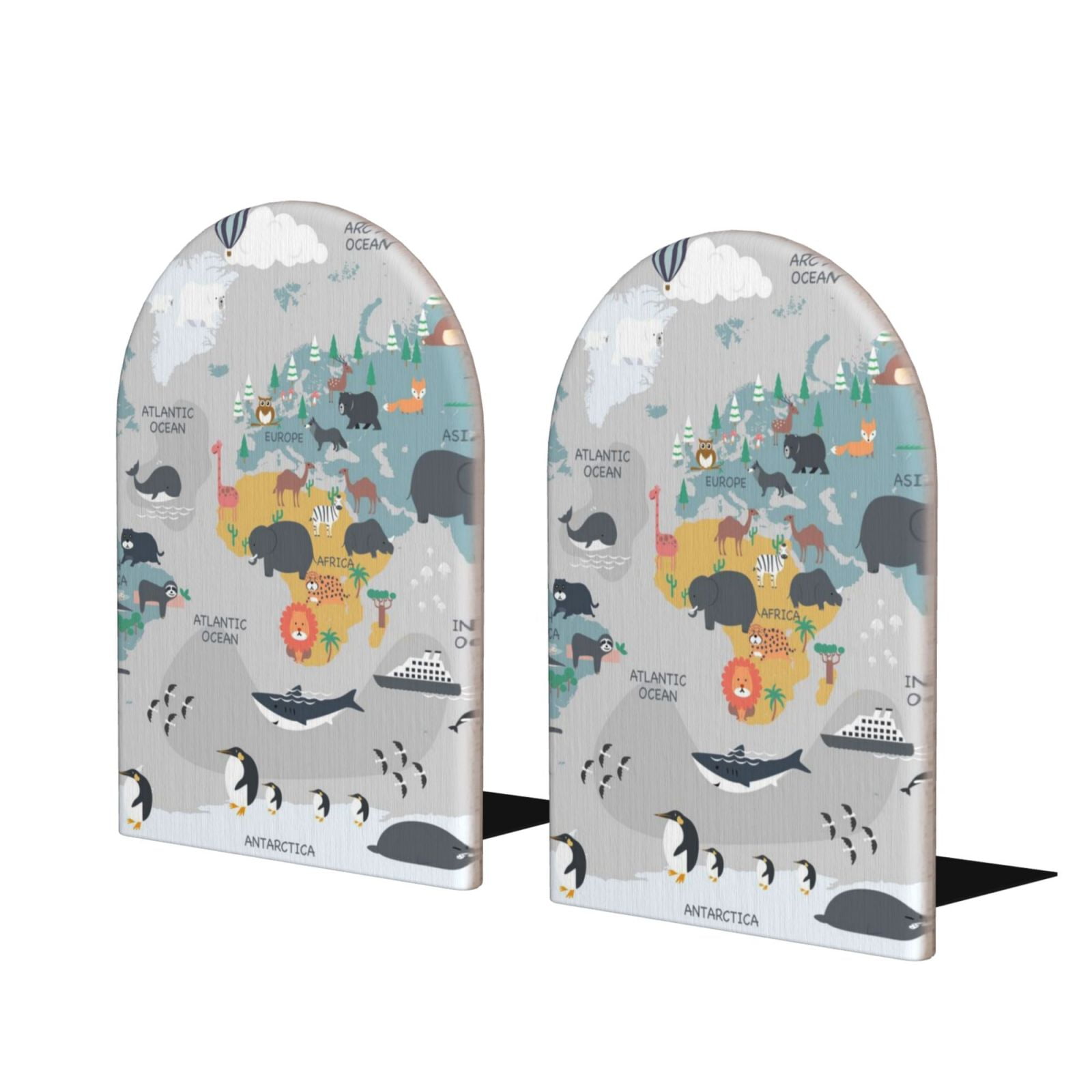 Lsque The World Map with Cartoon Animals Printed Wood Bookends,Non-Skid ...
