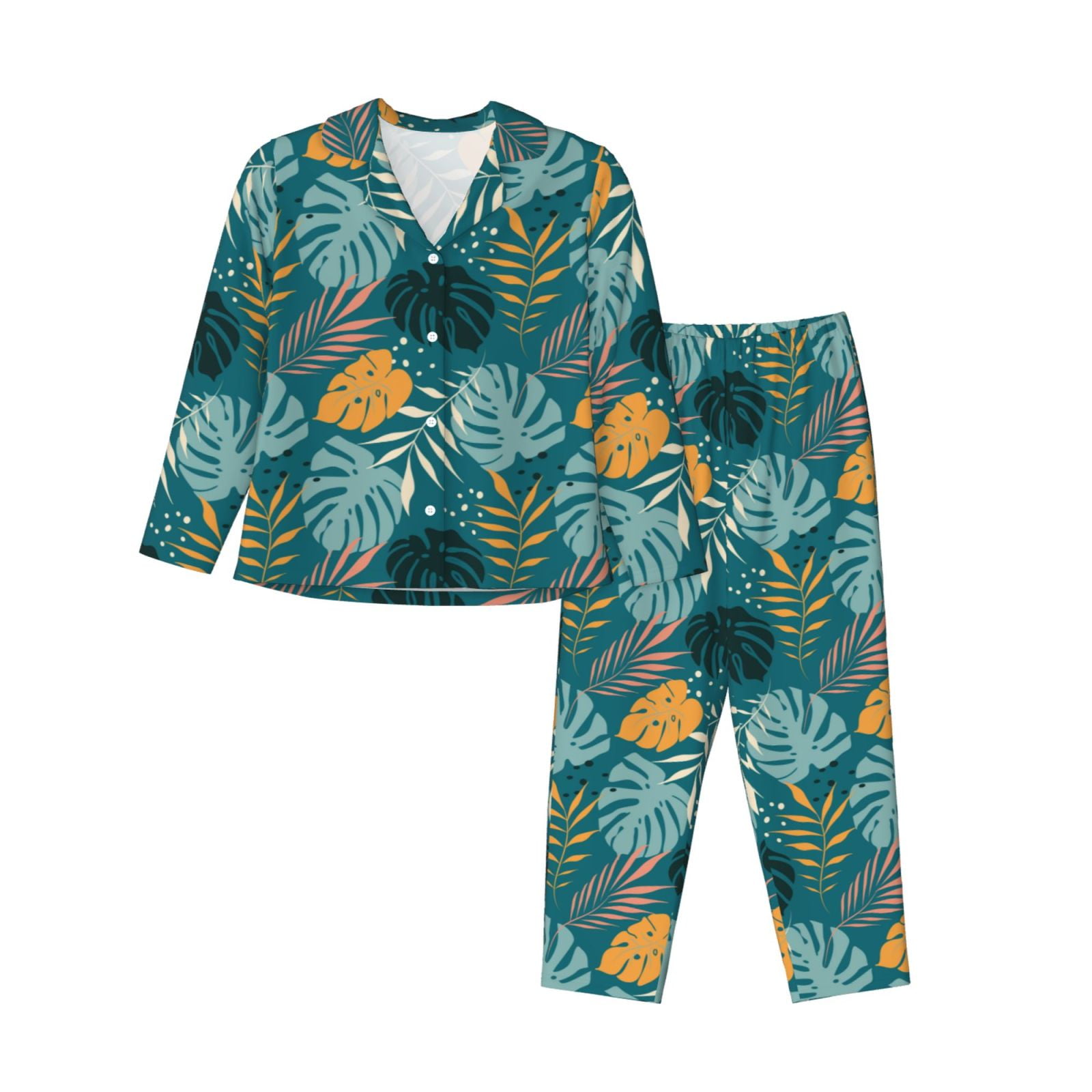 Lsque Tropical Leaves Pattern Long Sleeve Pajama Set for Women - Soft 2 ...