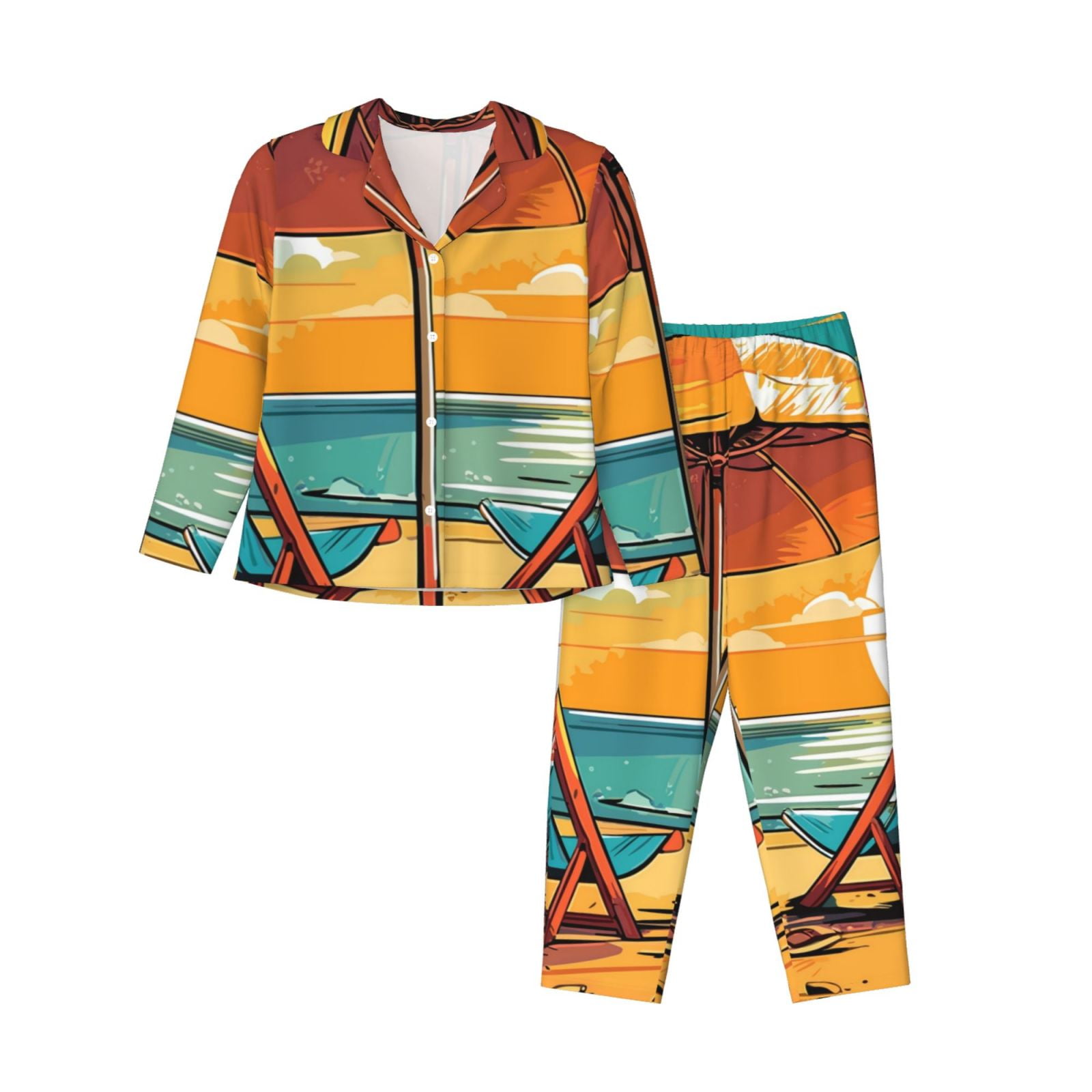 Lsque Vintage Beach Sunset Pattern Long Sleeve Pajama Set for Women ...