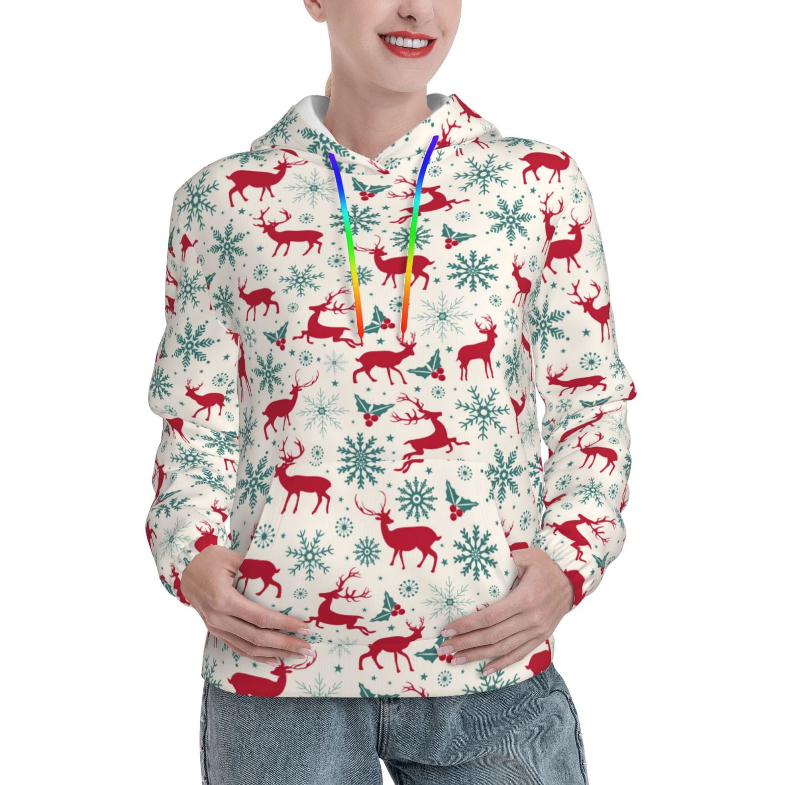 Lsque Vintage Christmas Reindeer Pattern Casual Women's Hoodie,Hooded ...
