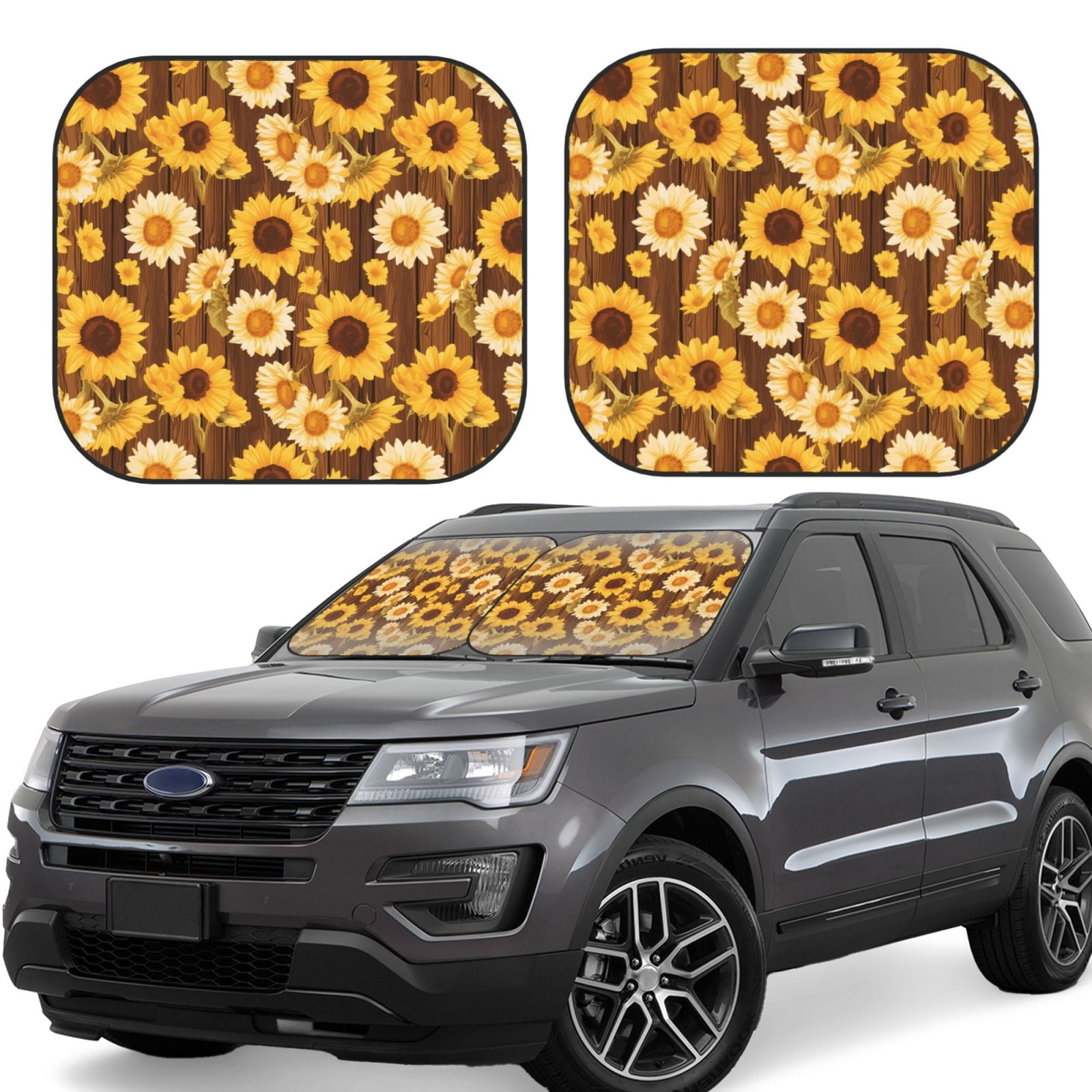 Lsque Vintage Wood Grain Sunflower A 2 PCS Windshield Sun Shade ...