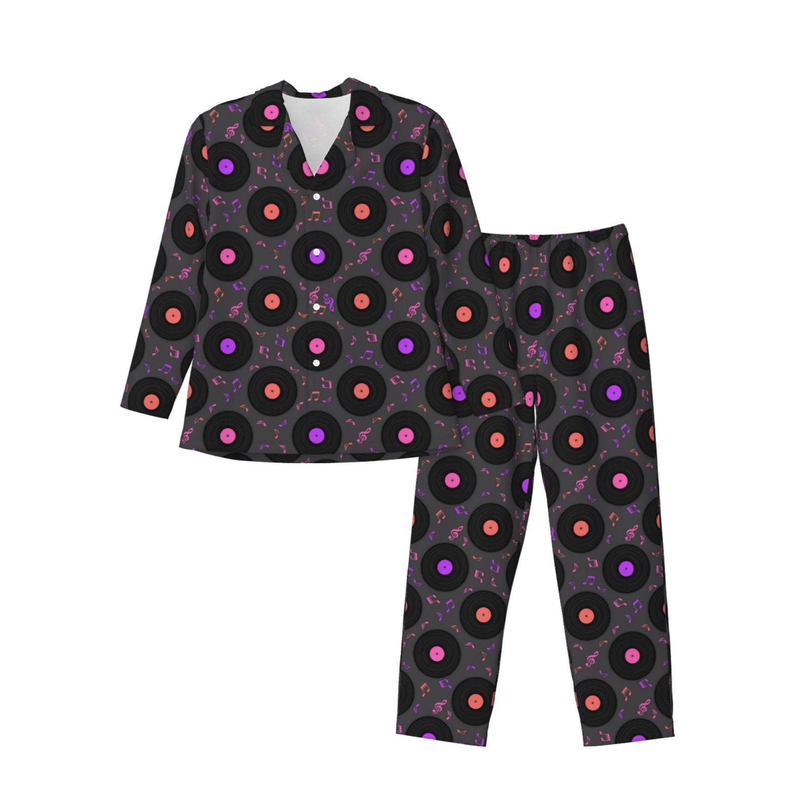 Lsque Vinyl Records Musical Notes Pattern Long Sleeve Pajama Set for ...