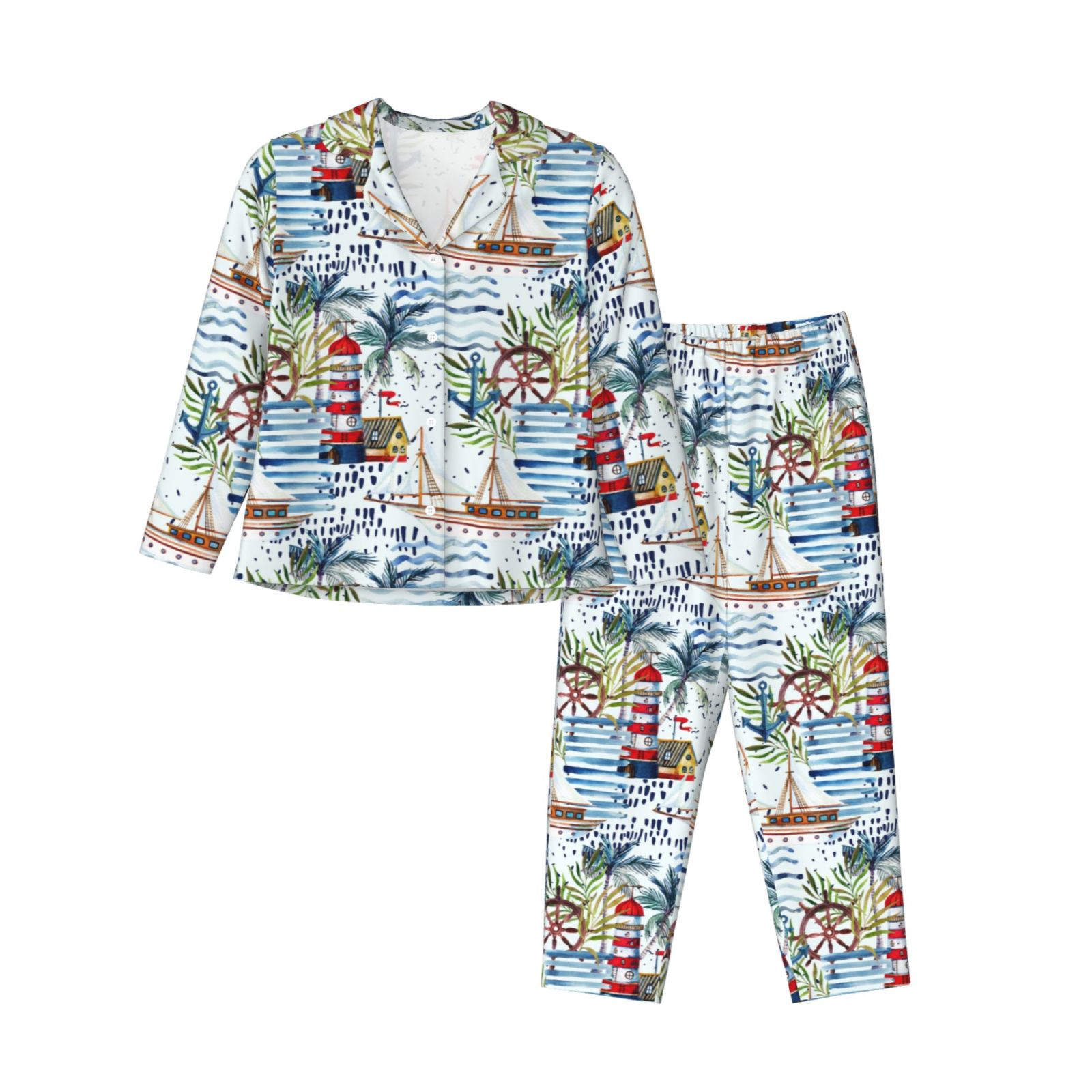 Lsque Watercolor Sailboat Pattern Long Sleeve Pajama Set for Women ...
