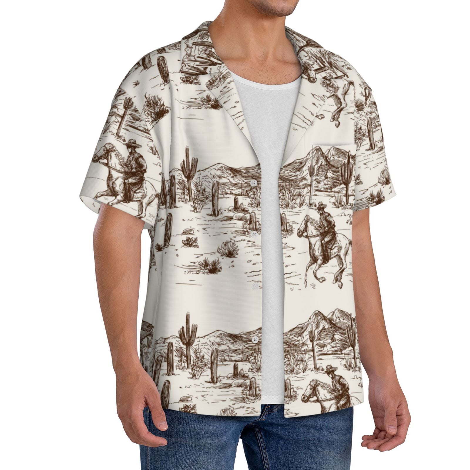 Lsque Western Desert Cowboys3 print Men's Cuban Collar Short Sleeve ...