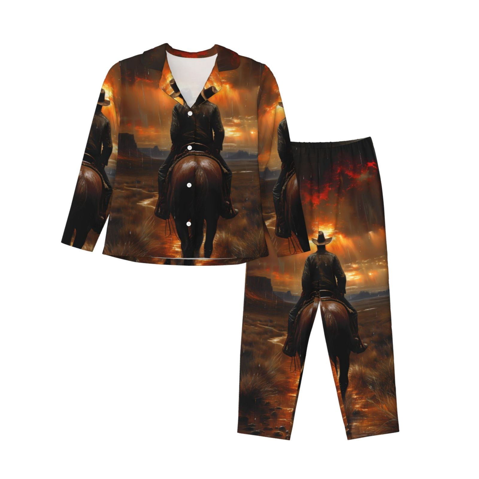 Lsque Western Rainy Desert Cowboy Pattern Long Sleeve Pajama Set for ...