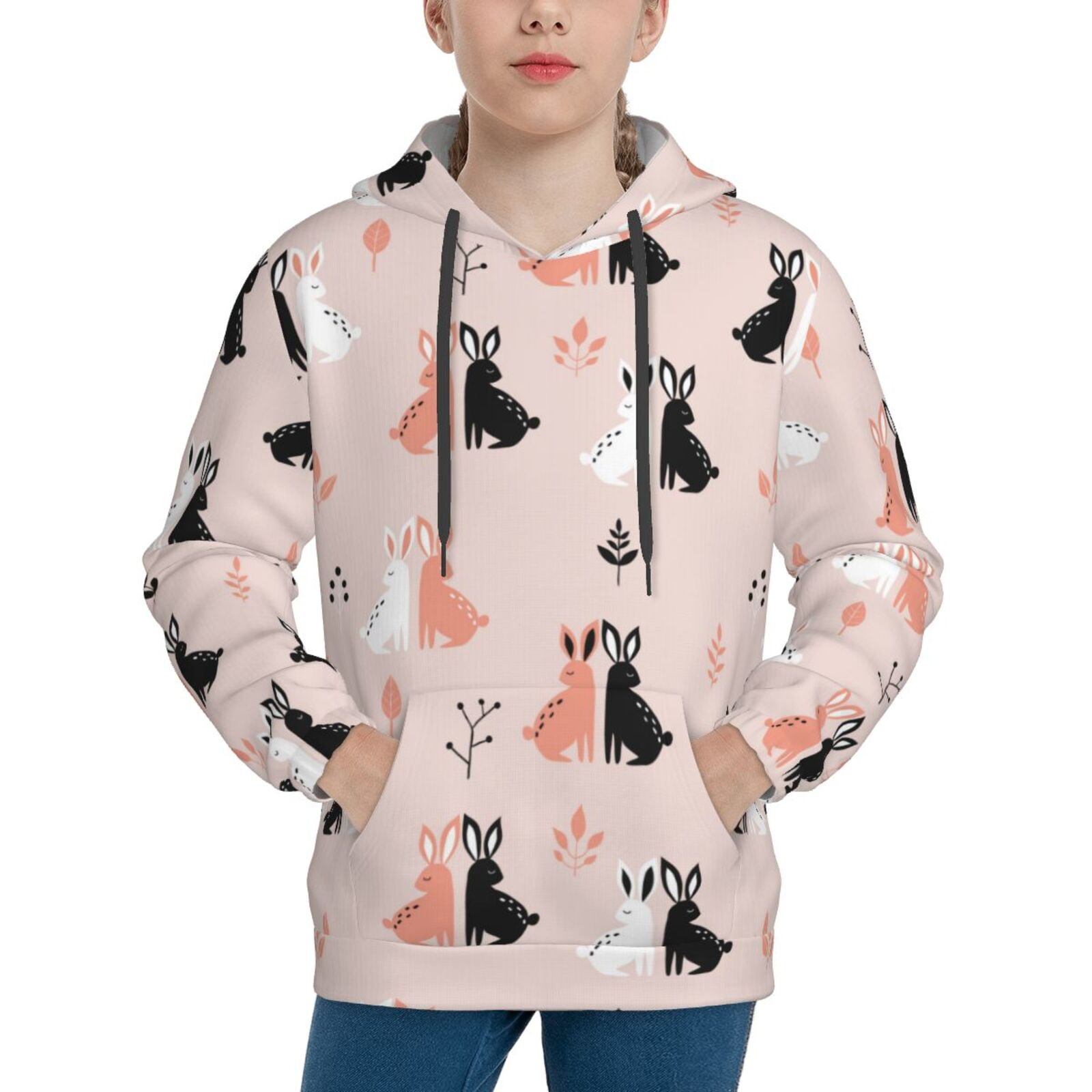 Lsque White And Black Rabbit Patten Youth Hoodie Sweatshirt Pullover ...