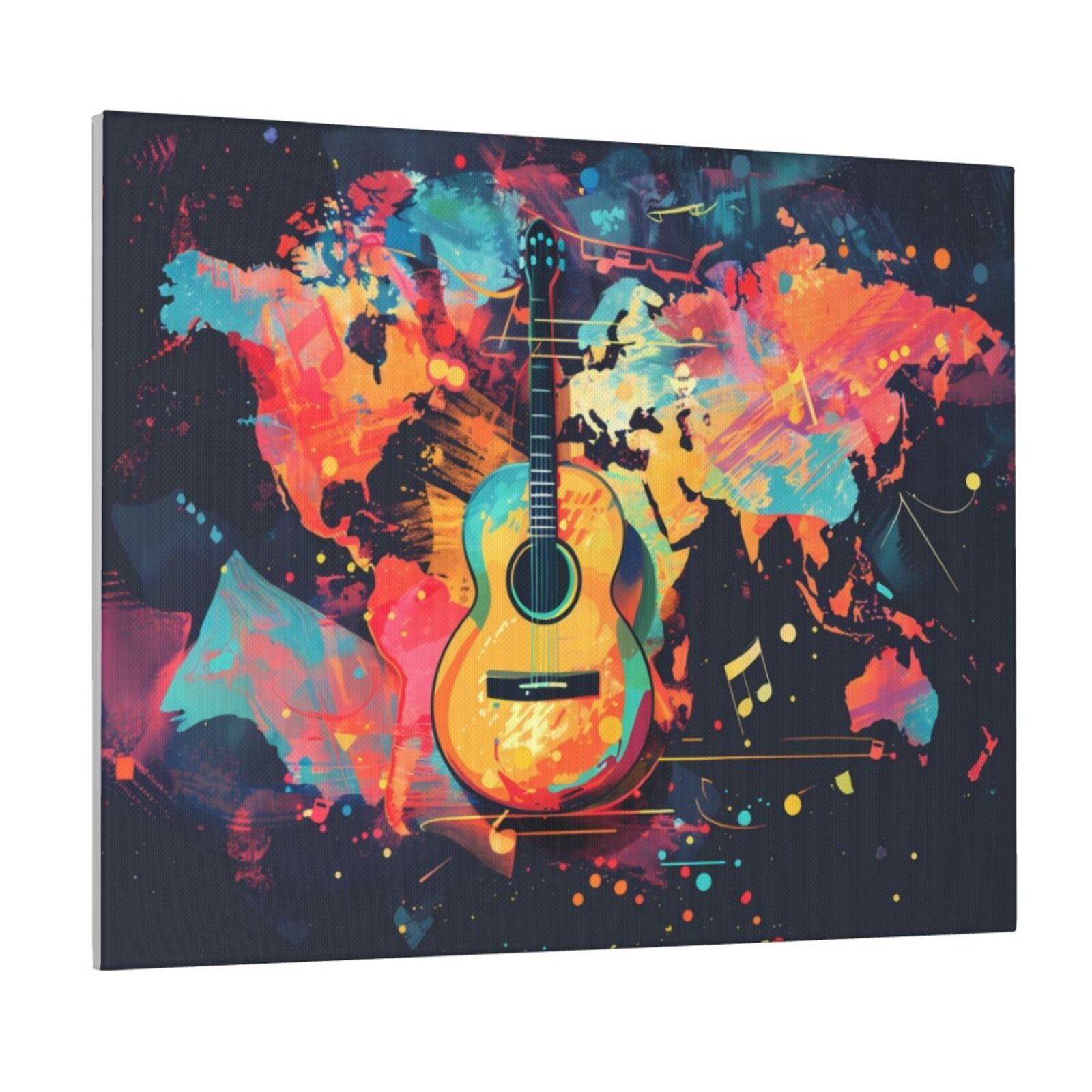 Lsque World Map Guitar Illustration Print Wall Art – Decorative Picture ...