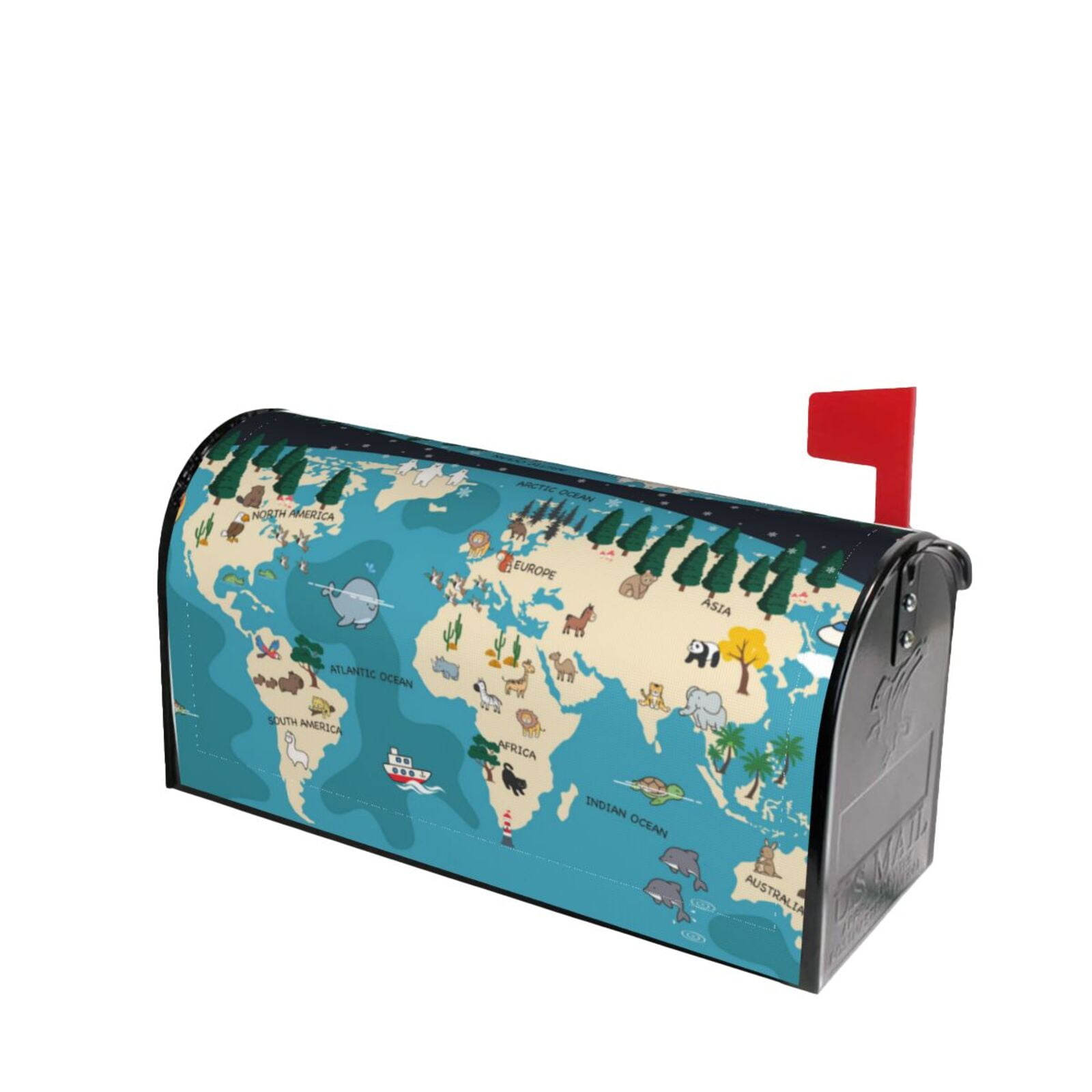 Lsque World Map With Animal Mailbox Cover Standard Size ,Magnetic ...
