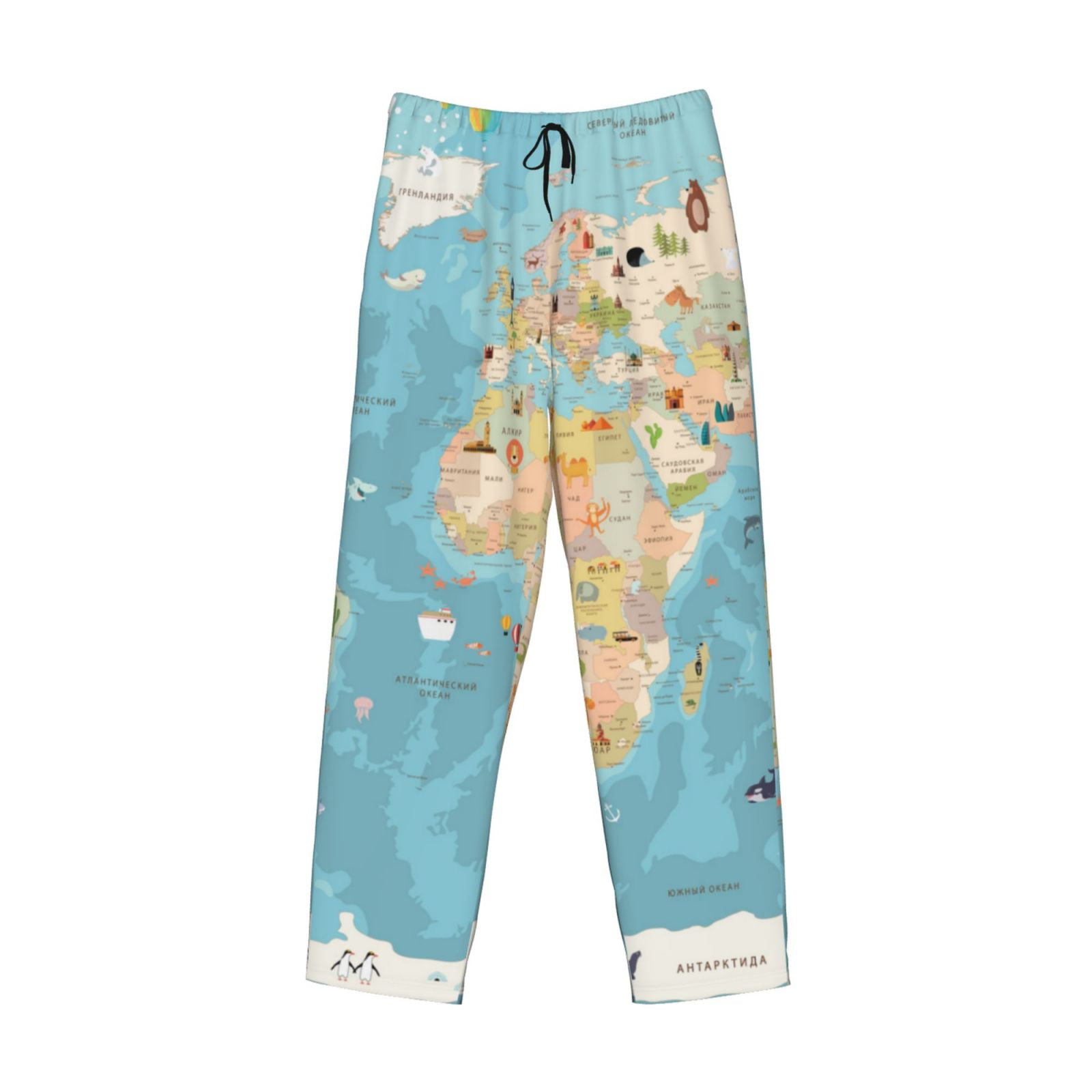 Lsque World Map With Animals 1 Print Men's Pajama Pants, Lounge Pant ...