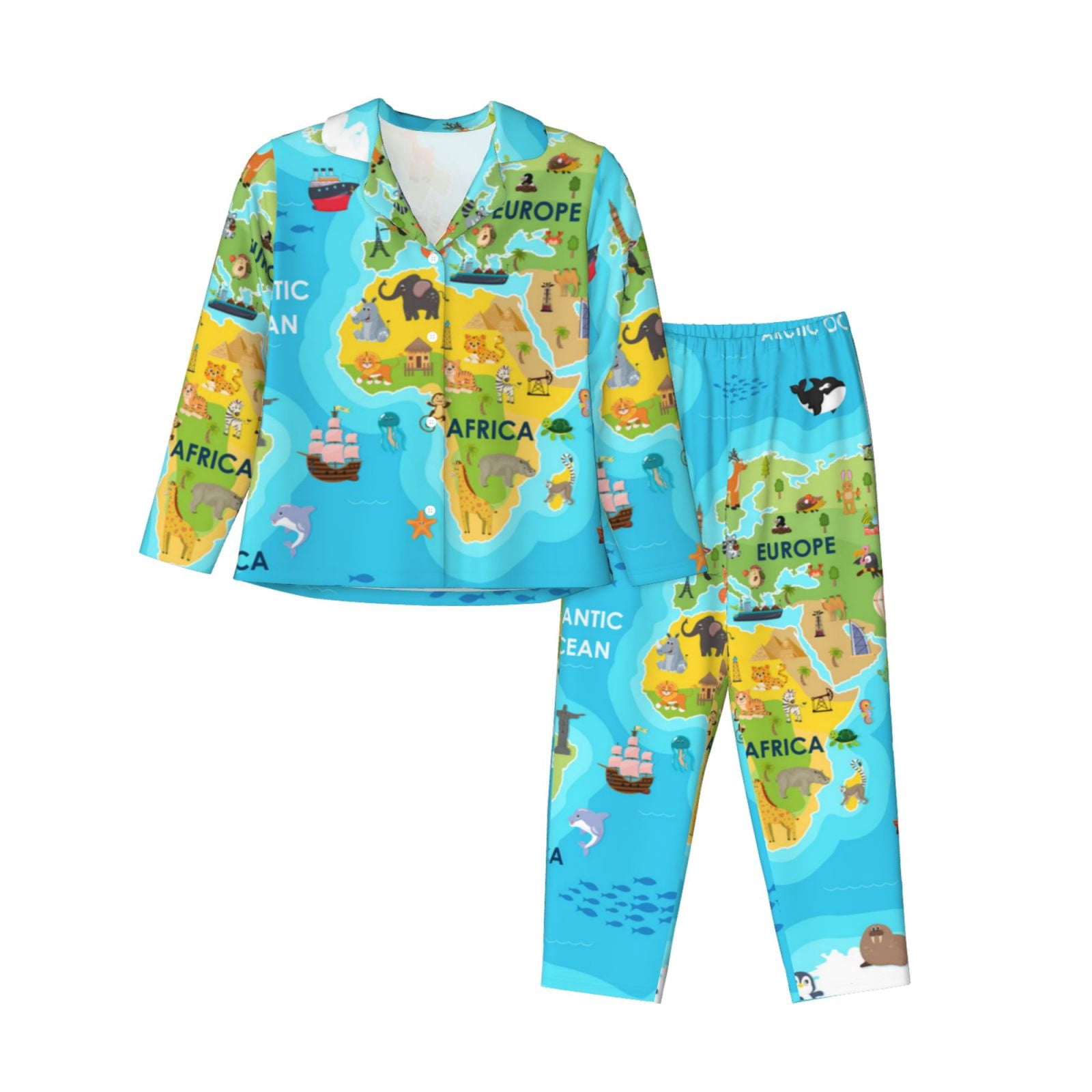 Lsque World Map With Animals Landmarks Pattern Long Sleeve Pajama Set ...
