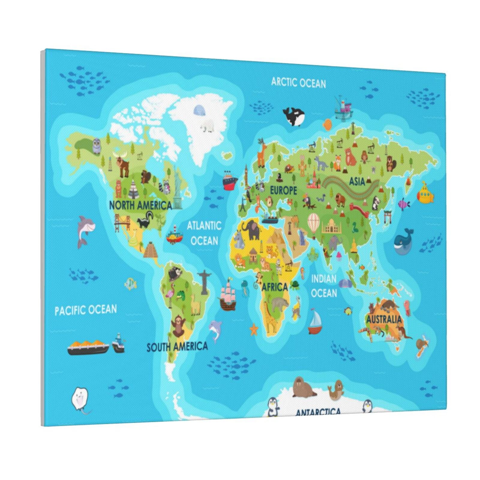 Lsque World Map With Animals Landmarks Print Wall Art – Decorative ...
