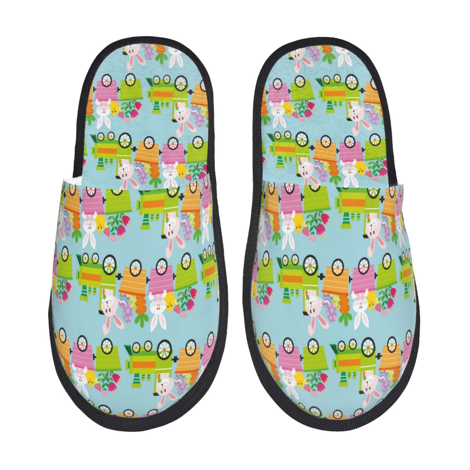 Lsque bunnies and chicks on a train Print Fuzzy Slippers Fuzzy Soft ...