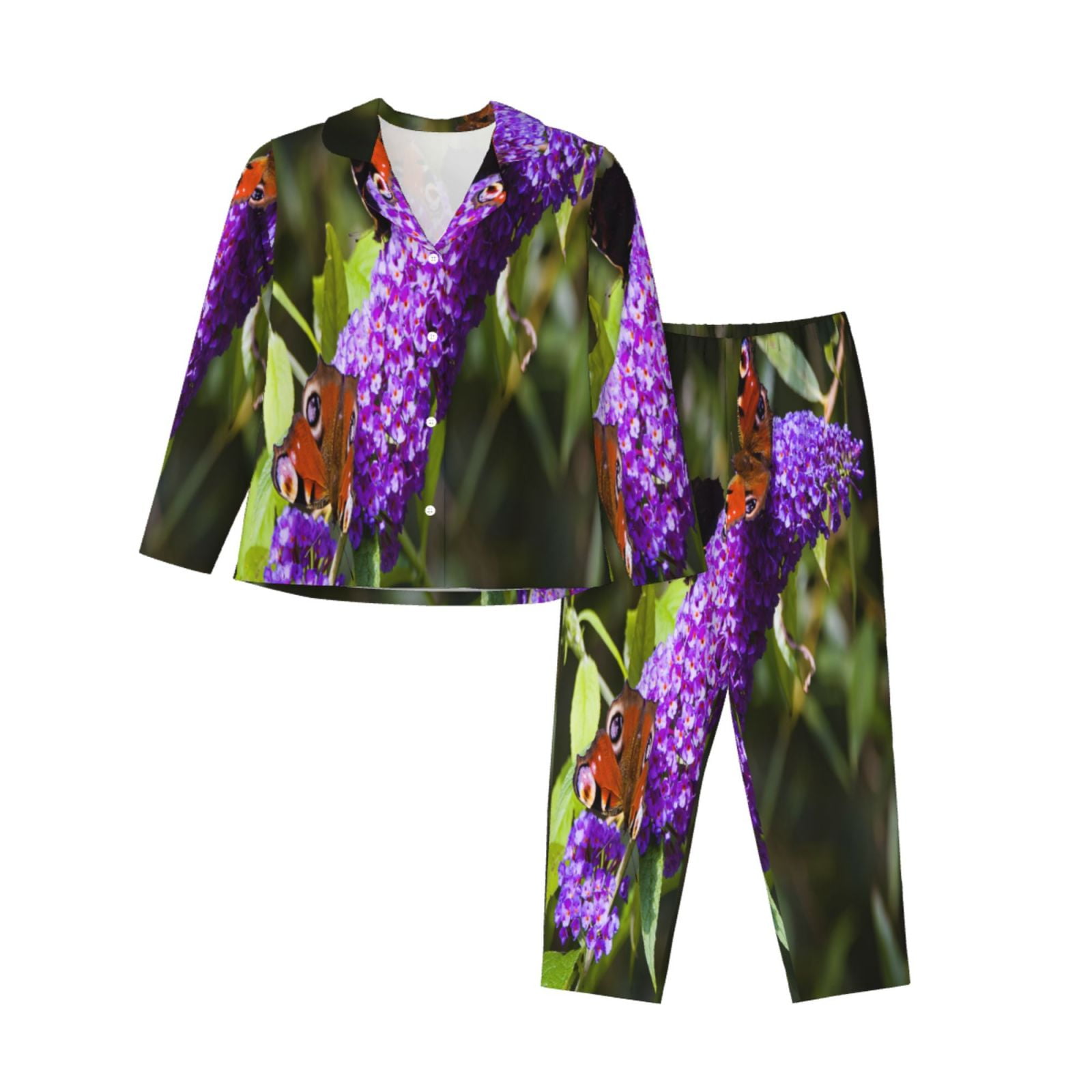 Lsque butterfly bush flower Pattern Long Sleeve Pajama Set for Women ...
