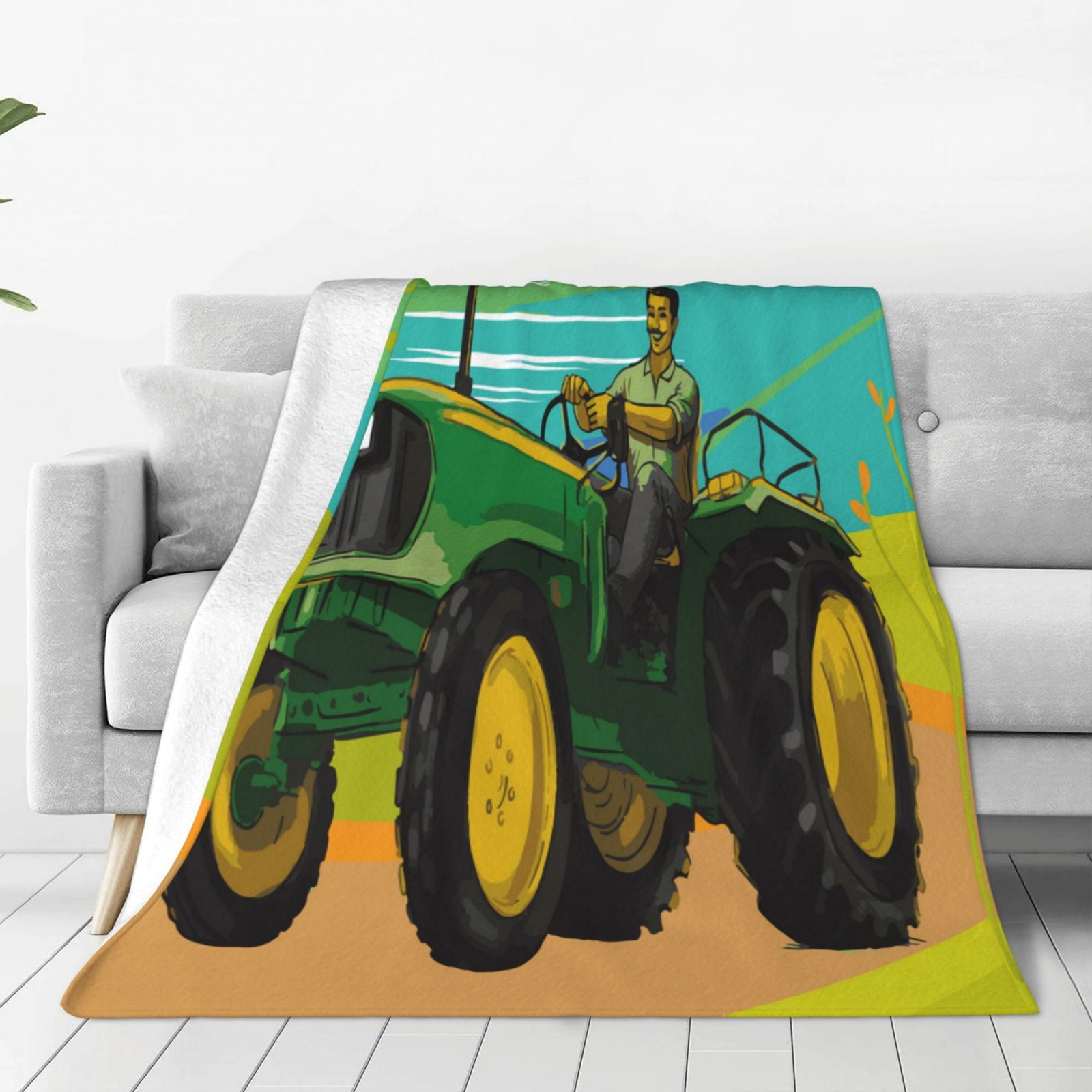 Lsque farmer working with tractor at field Pattern Fuzzy Fleece Throw ...