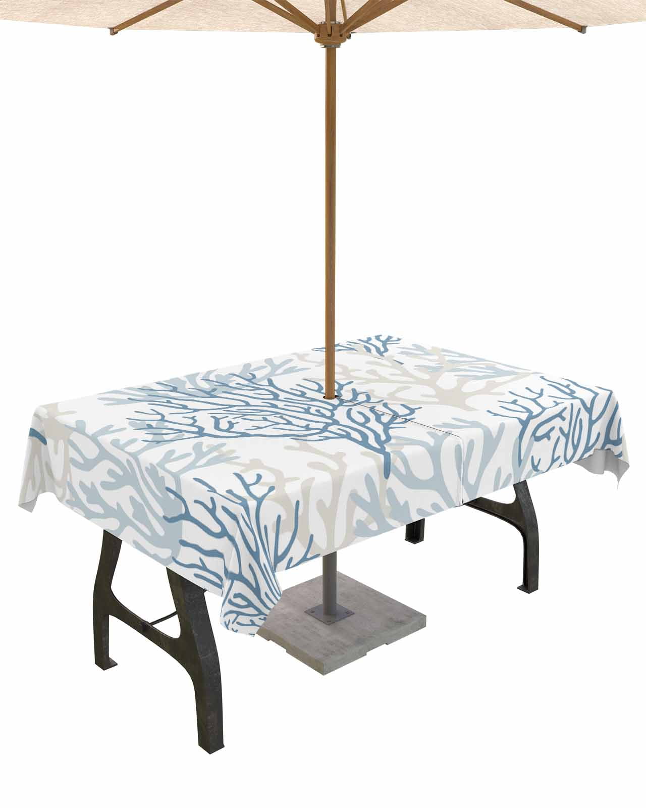 Lsrtoss Outdoor Tablecloth with Umbrella Hole & Zipper, Blue Grey Coral ...