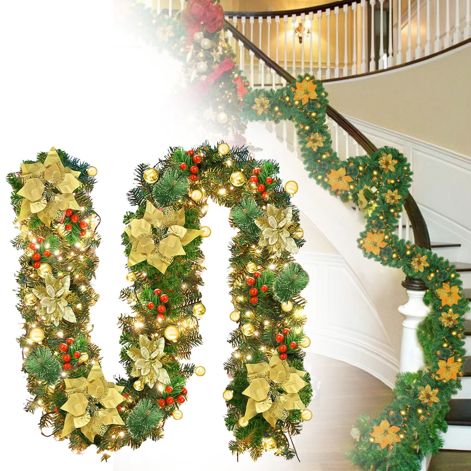 Lssam 4.9Ft Pre-lit Christmas Garland with LED Lights, Winter Garland ...